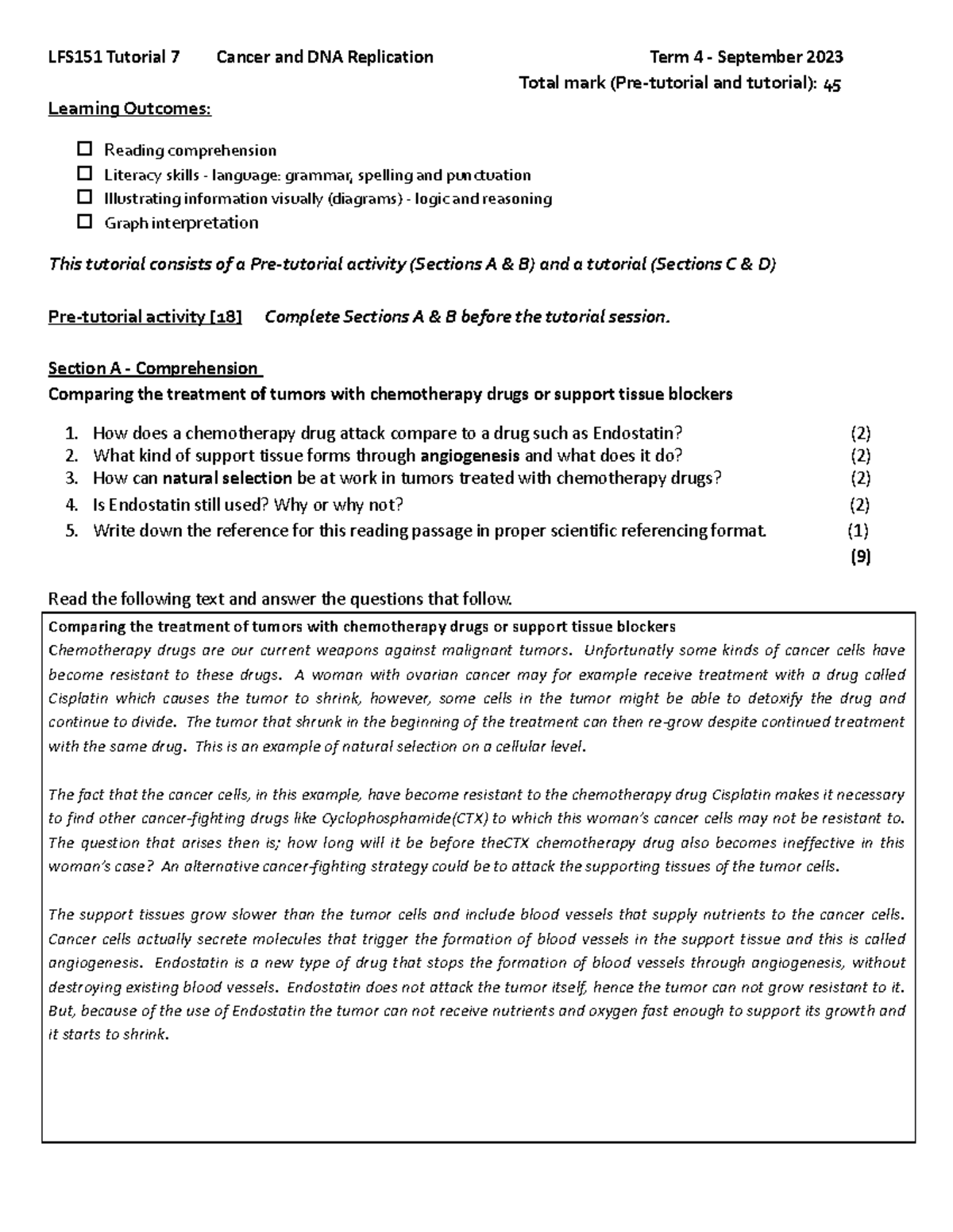 LFS151 Tutorial 7 Pre-tutorial Activity Term 4 September 2023 - LFS151 Tutorial 7 Cancer and DNA ...