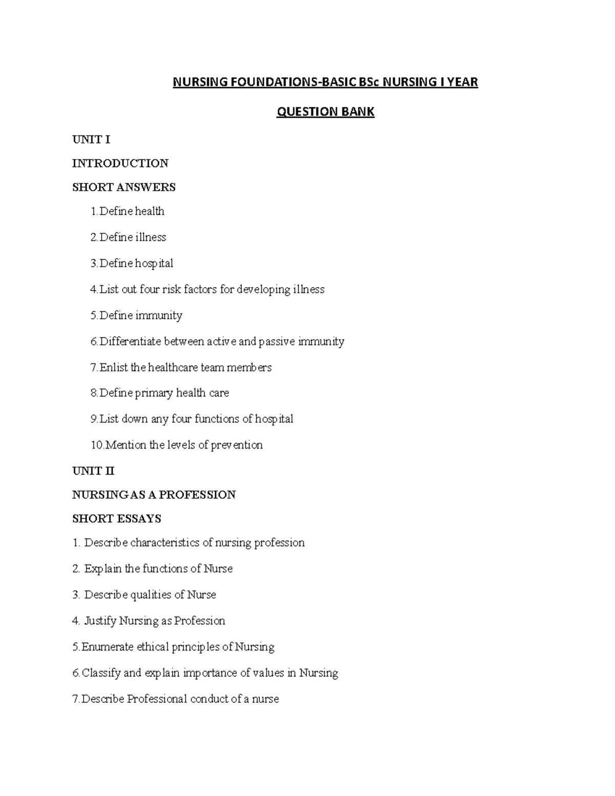 1757-Question Bank - @rguhs - NURSING FOUNDATIONS-BASIC BSc NURSING I YEAR QUESTION BANK UNIT I ...