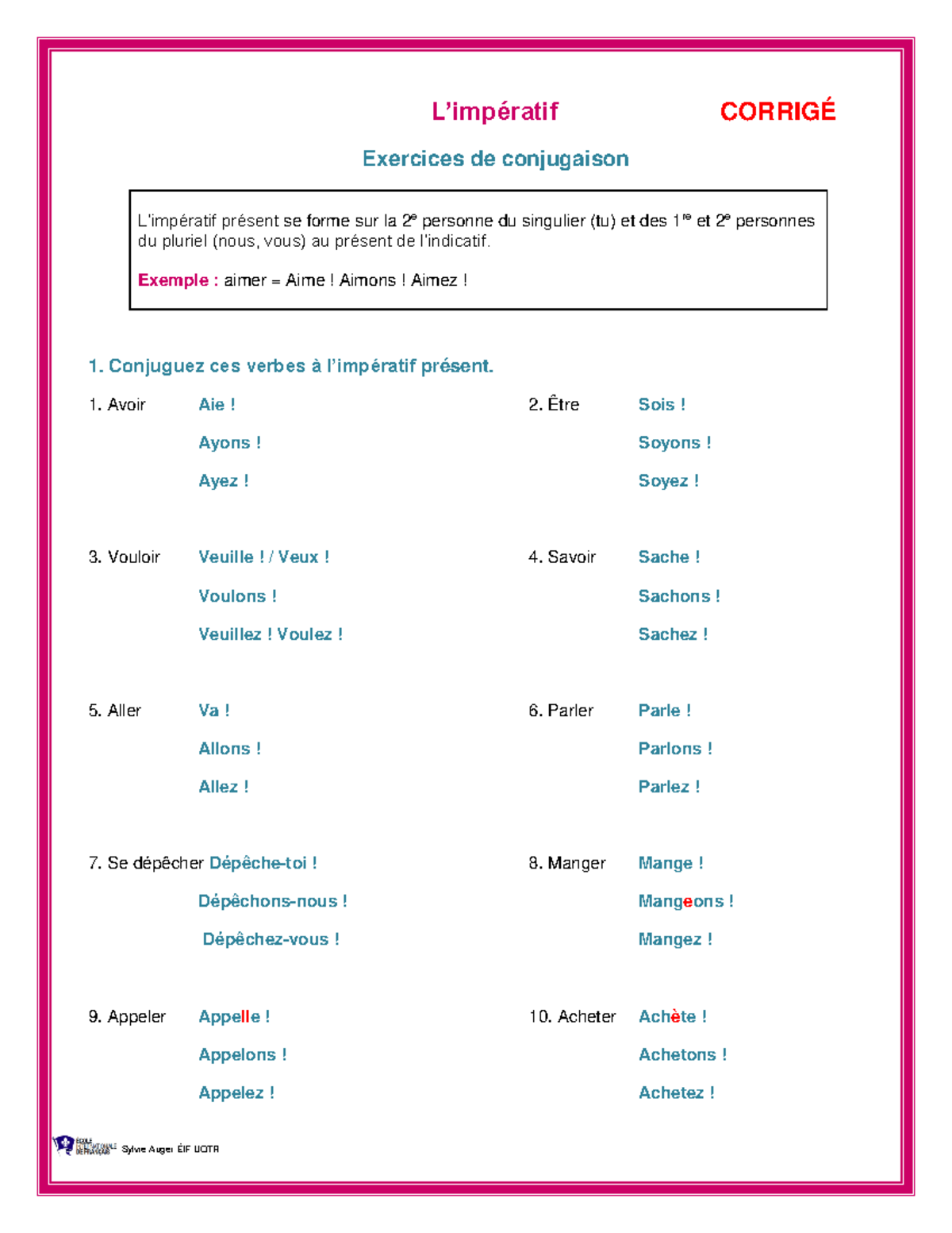 L´imperatif Ejercicios Respuestas - L’impératif CORRIGÉ Exercices de ...