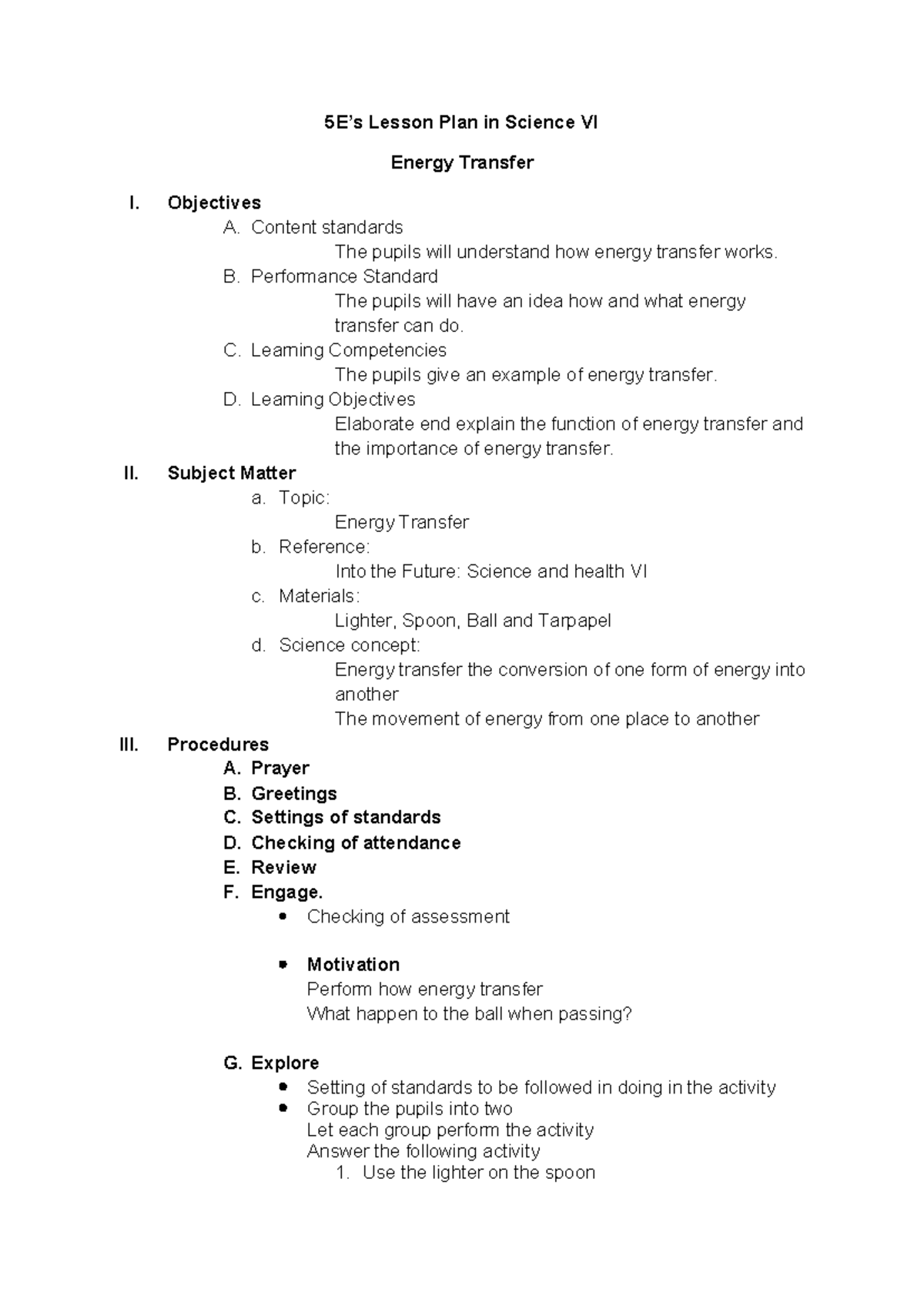 5E - lesson plan - 5E’s Lesson Plan in Science VI Energy Transfer I ...