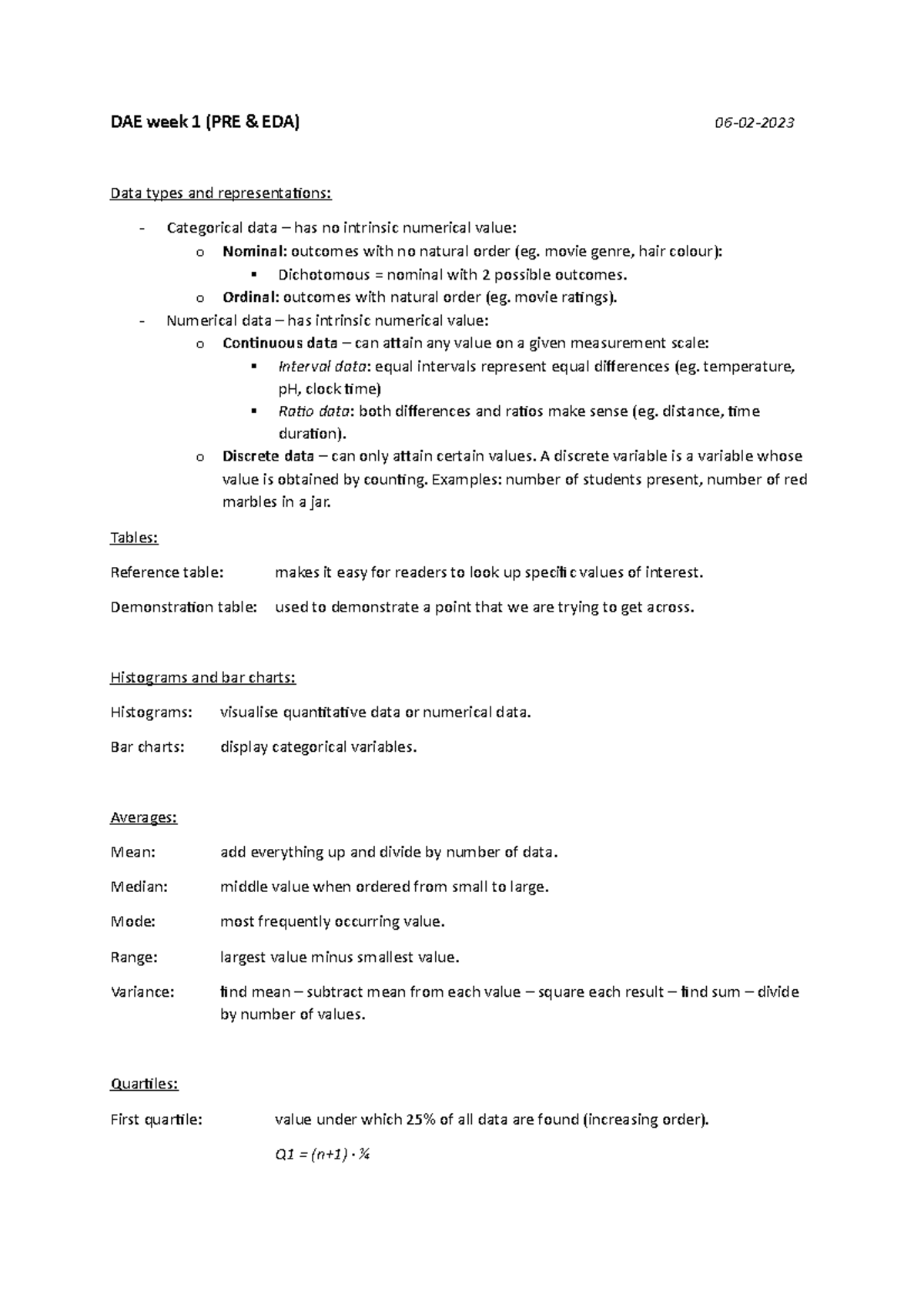 DAE notes (2IAB0) - DAE week 1 (PRE & EDA) 06-02- Data types and ...