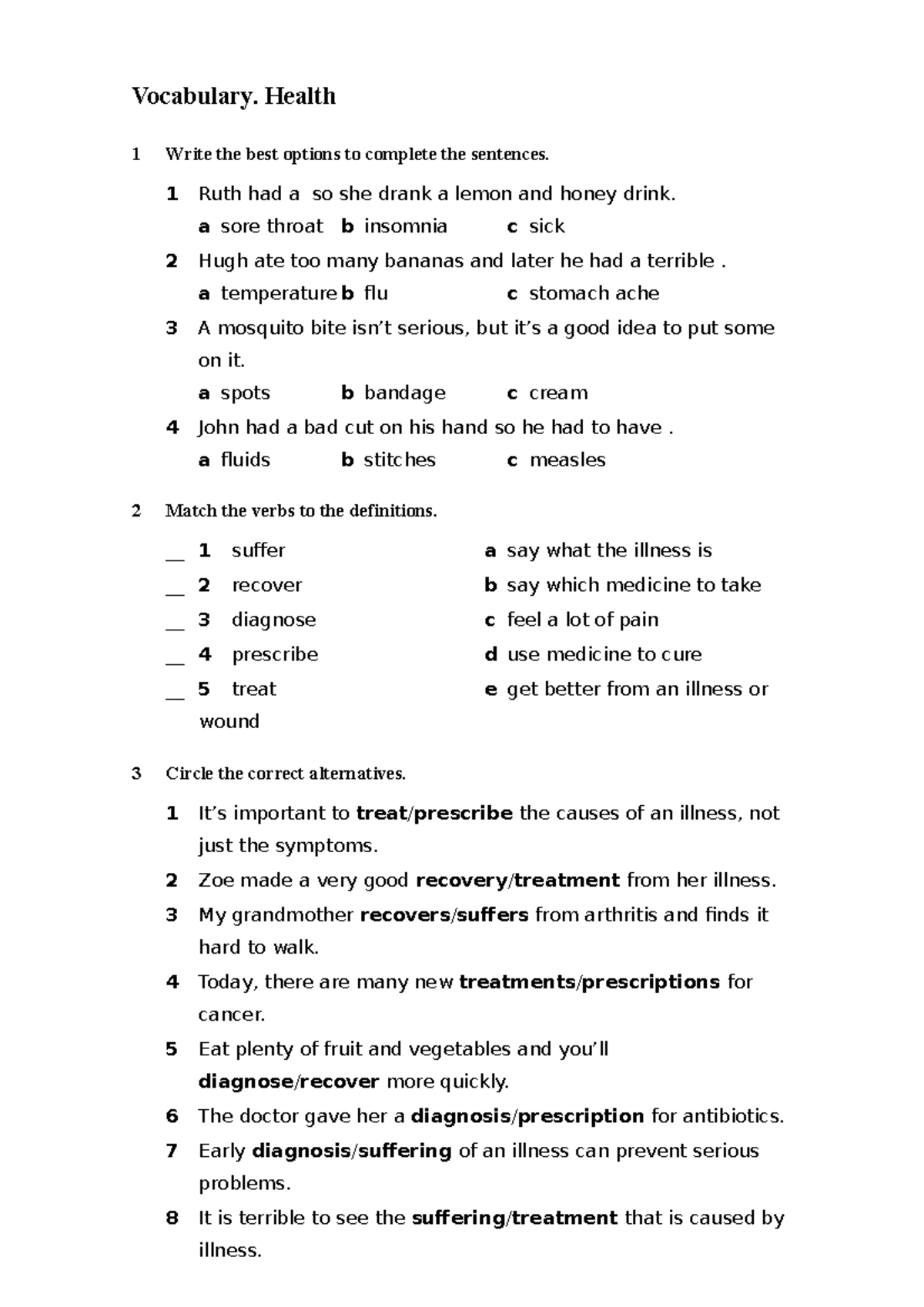 Vocabulary health - Vocabulary. Health 1 Write the best options to ...