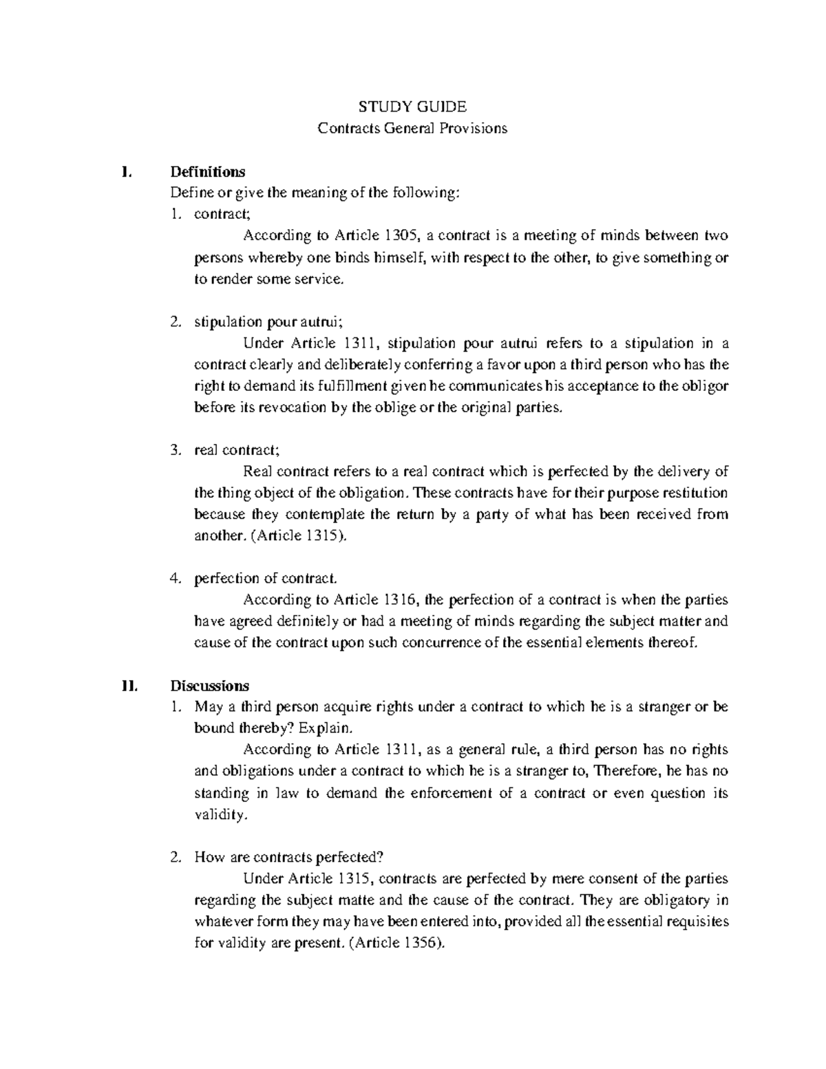 Study Guide Contracts General Provisions STUDY GUIDE Contracts
