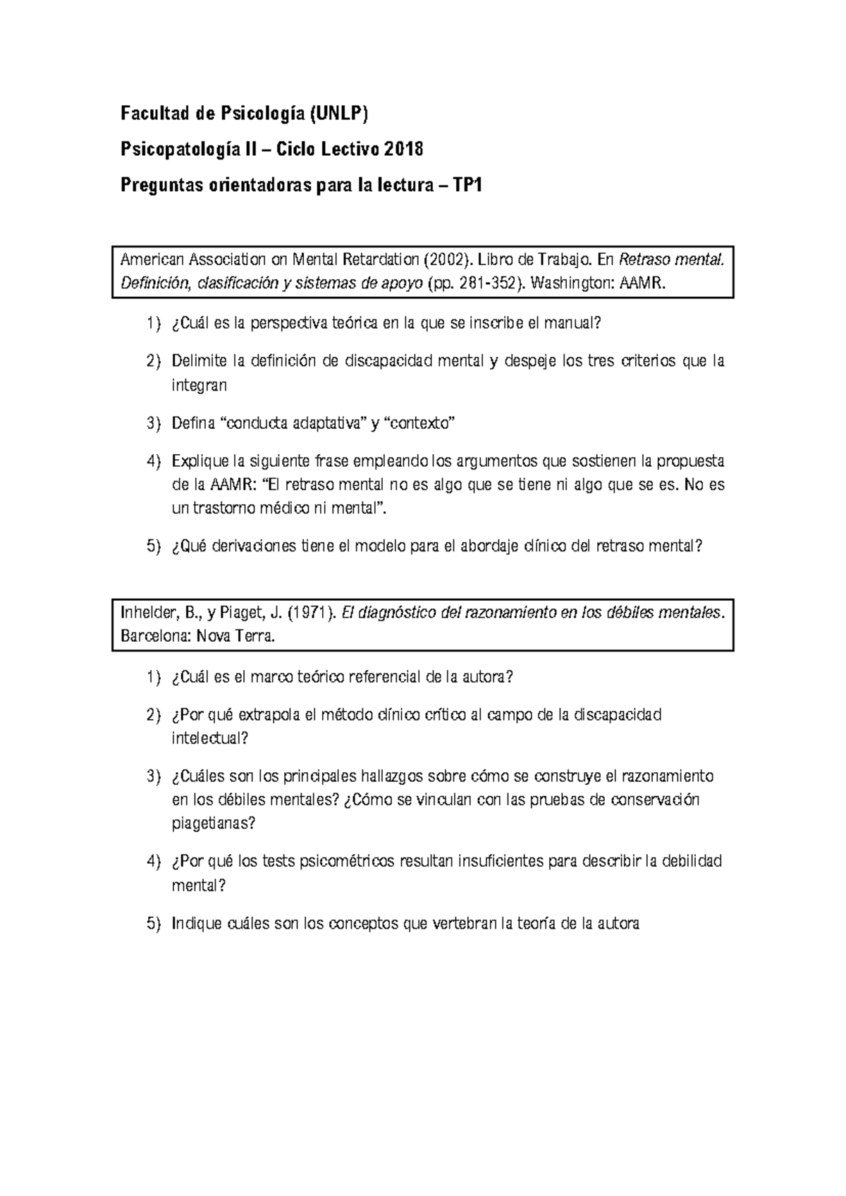 Guía de Preguntas complementarias TP1 - Facultad de Psicología (UNLP) Psicopatología II – Ciclo ...