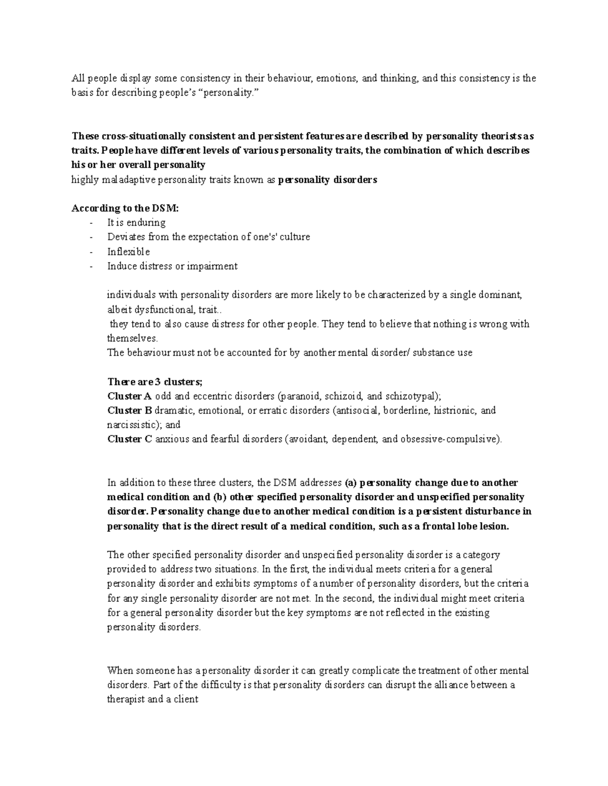 Personality disorders notes from text - All people display some ...