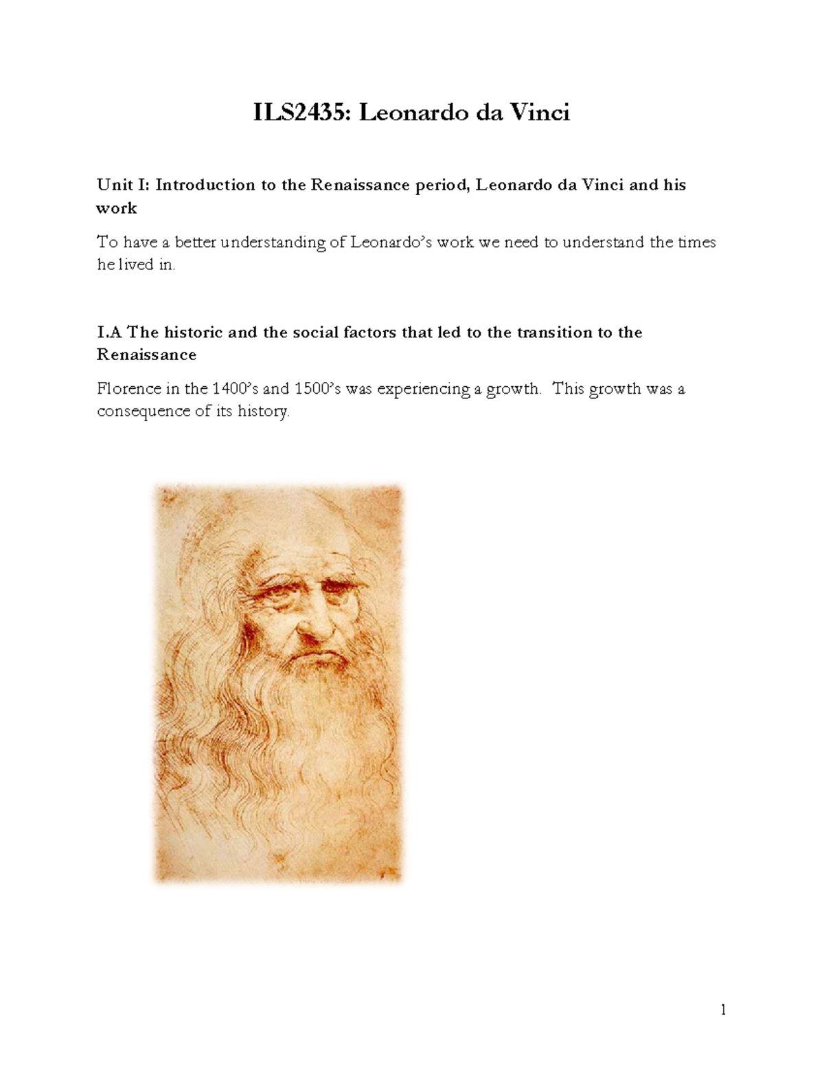 Notes for unit 1 Fall 2018 - ILS2435: Leonardo da Vinci Unit I ...