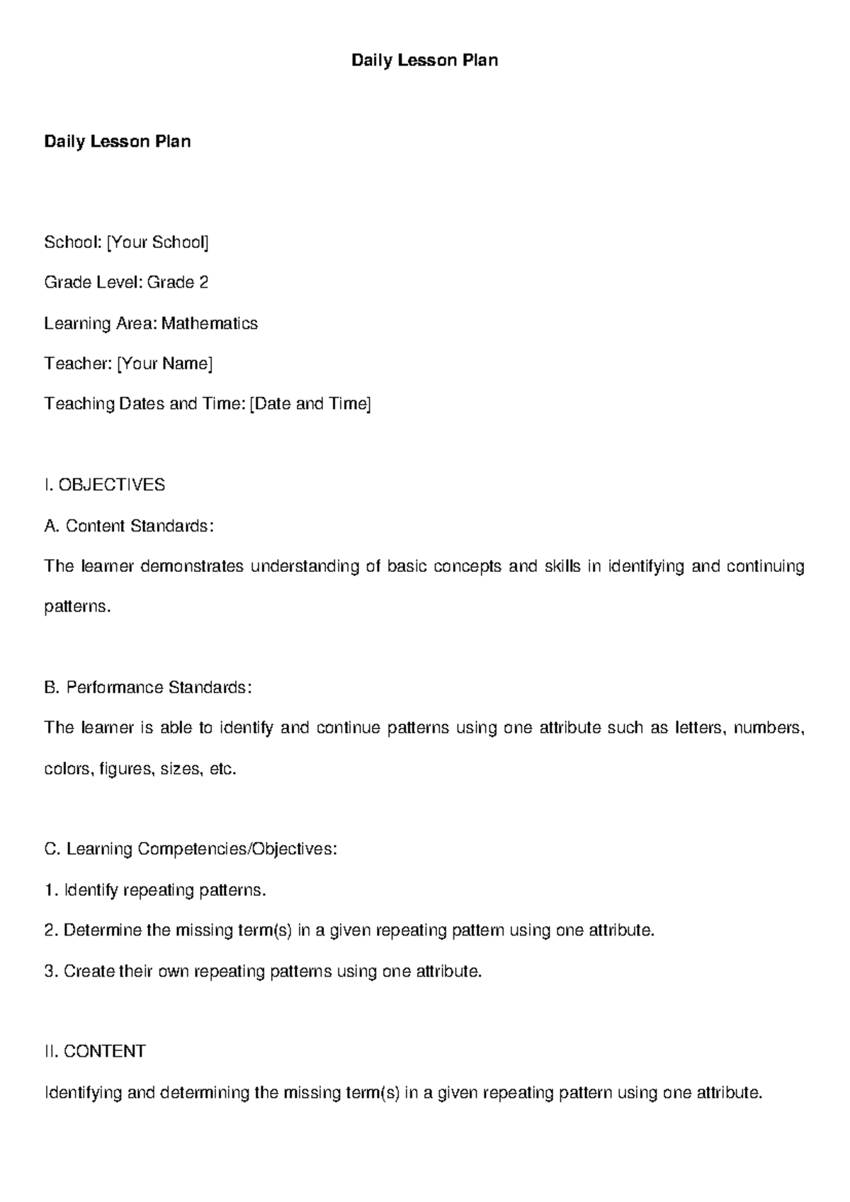Detailed Lesson Plan - Daily Lesson Plan School: [Your School] Grade ...