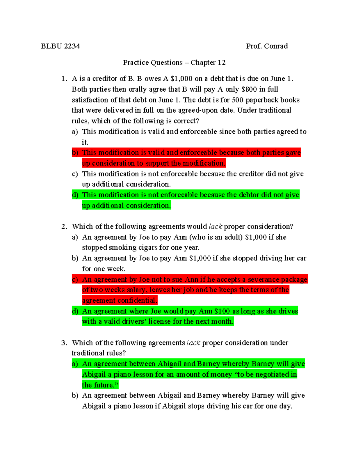 Chapter 12 questions - BLBU 2234 Prof. Conrad Practice Questions – Chapter 12 A is a creditor of ...