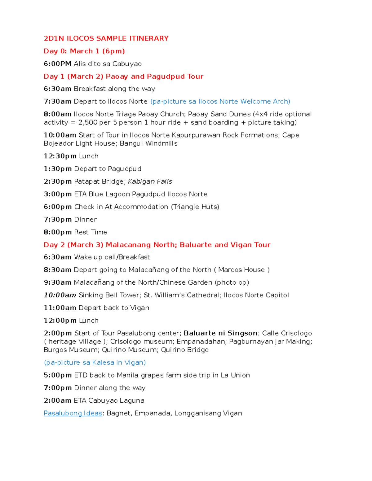 2D1N Ilocos Sample Itinerary - 2D1N ILOCOS SAMPLE ITINERARY Day 0 ...