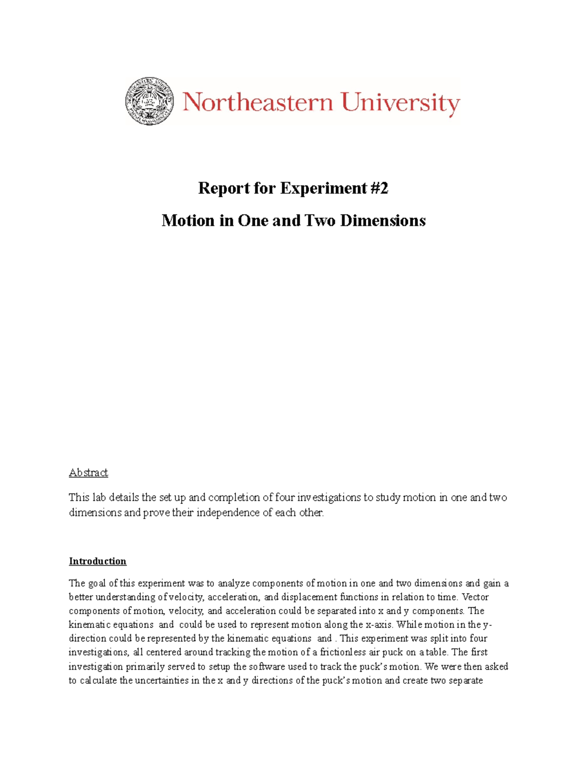Lab Report 2- Motion in One and Two Dimensions - Report for Experiment Motion in One and Two ...
