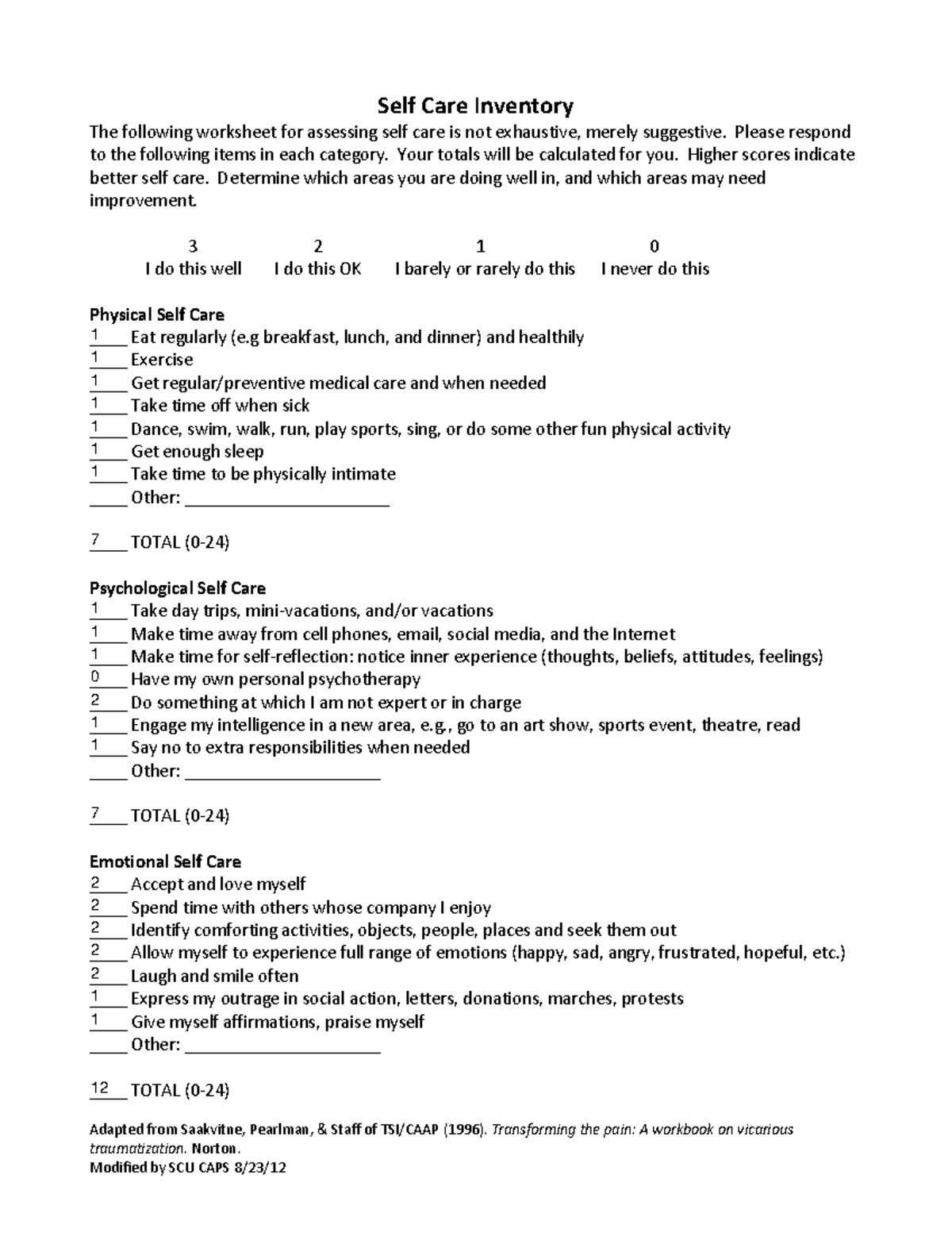 Self-Care-Inventory - self-care inventory form - Adapted from Saakvitne ...