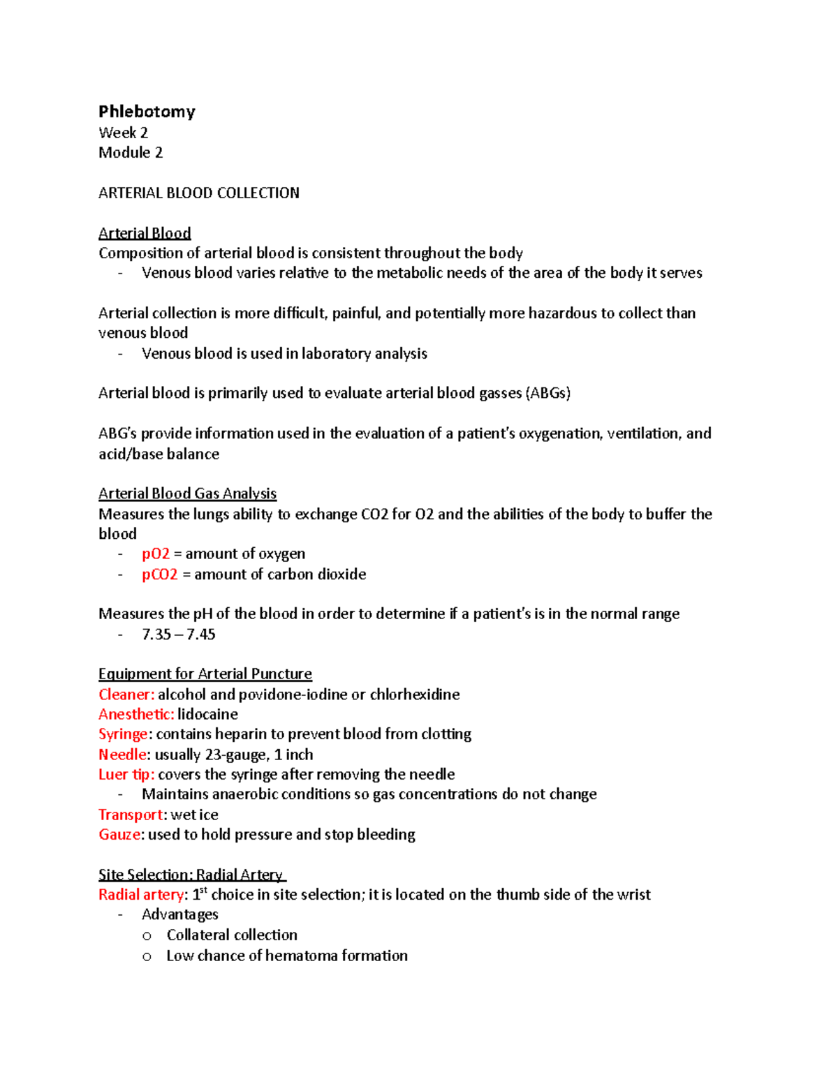 Module 2 - arterial blood collection - Phlebotomy Week 2 Module 2 ...