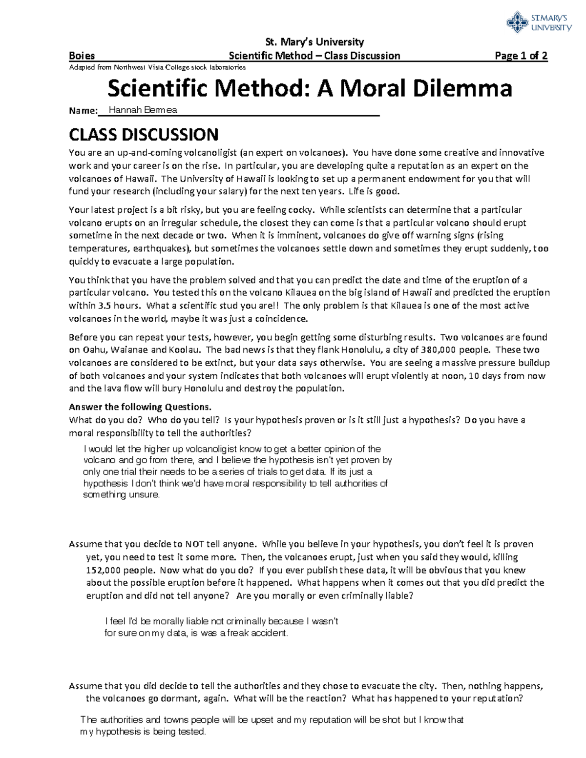 Scientific Method Moral Dilemma - St. Mary’s University Boies ...