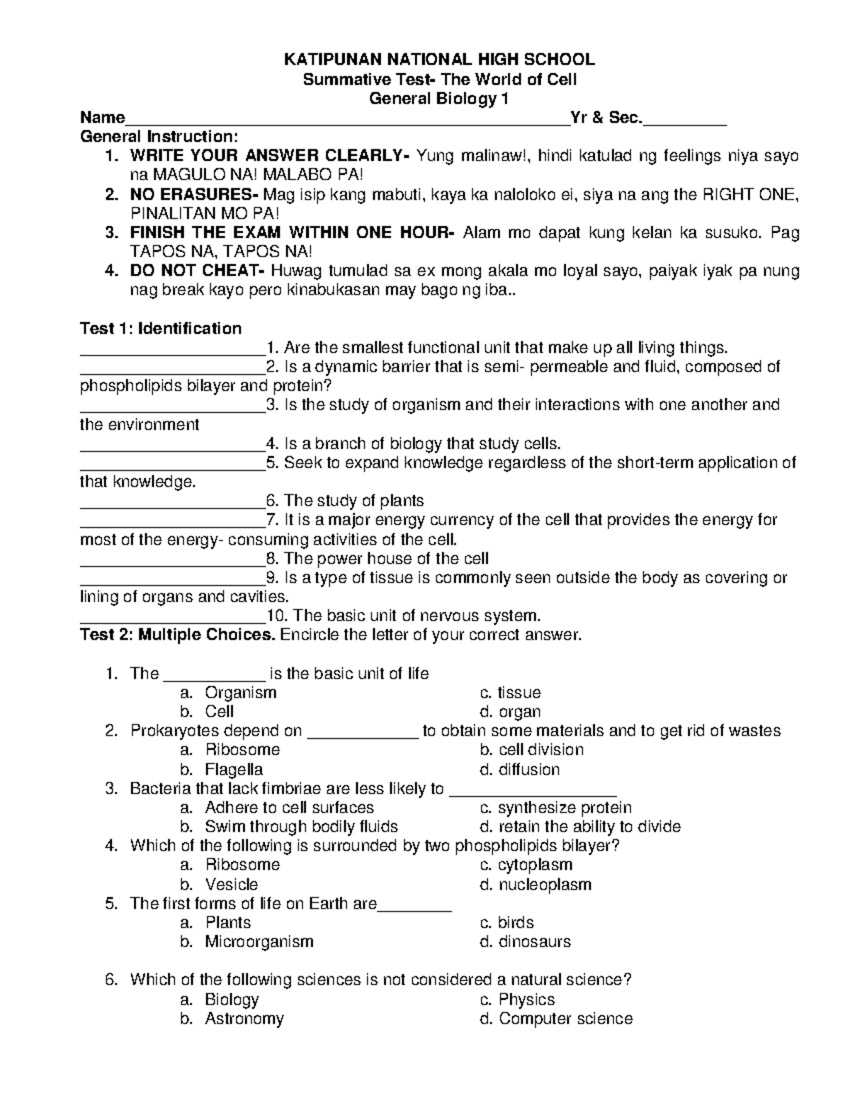 Cells Theory General Biology - KATIPUNAN NATIONAL HIGH SCHOOL Summative ...