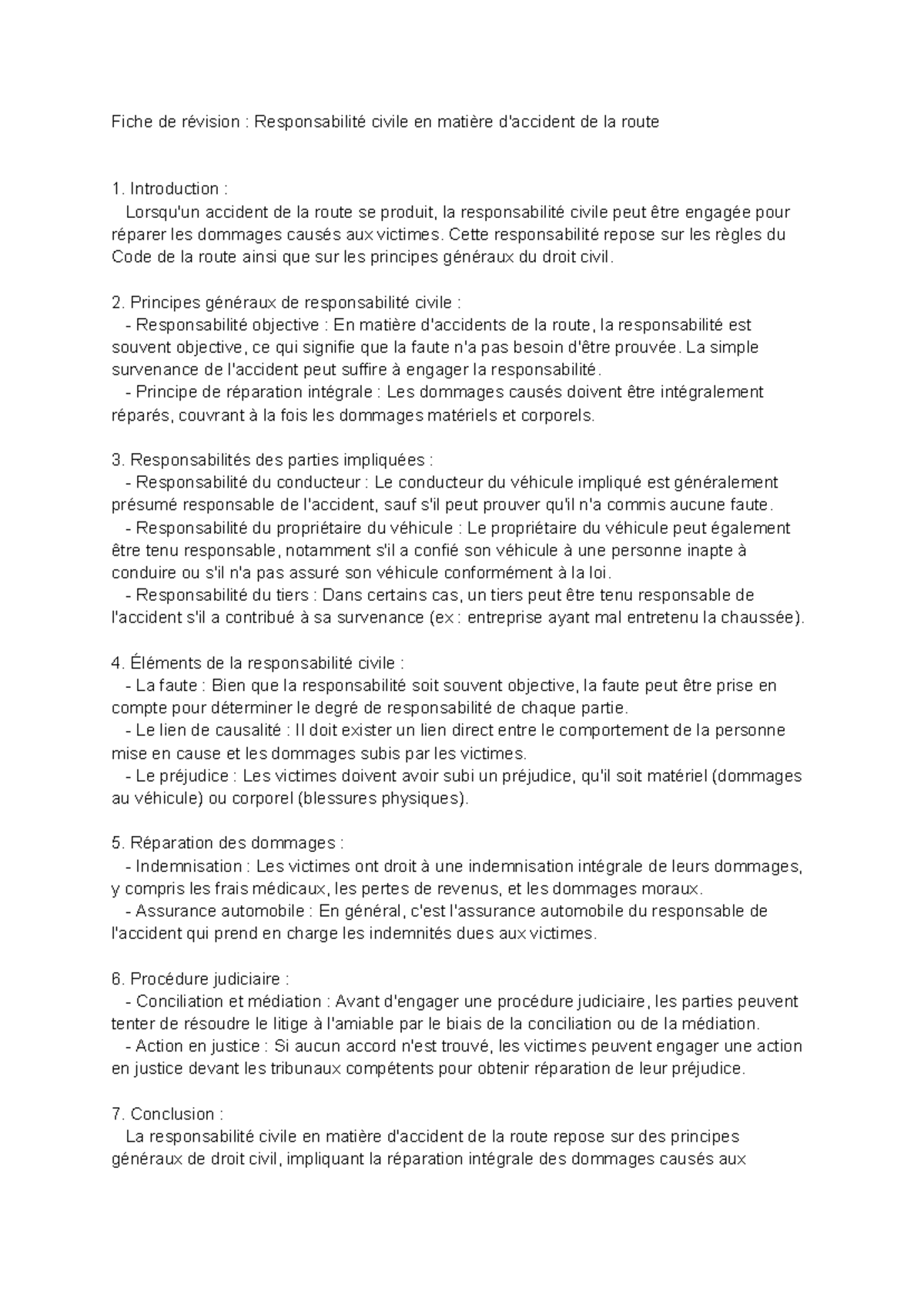 Fiche de révision - Responsabilité civile en matière d'accident de la ...