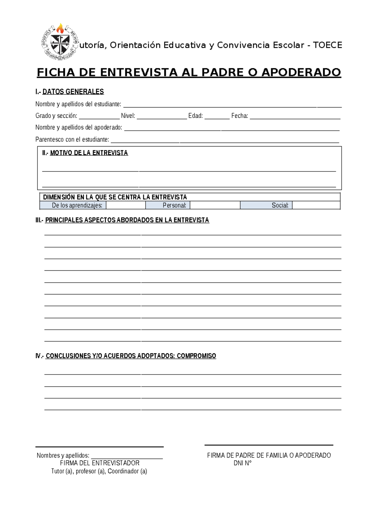 Ficha DE Entrevista AL Padre O Apoderado - Tutoría, Orientación Educativa y Convivencia Escolar ...