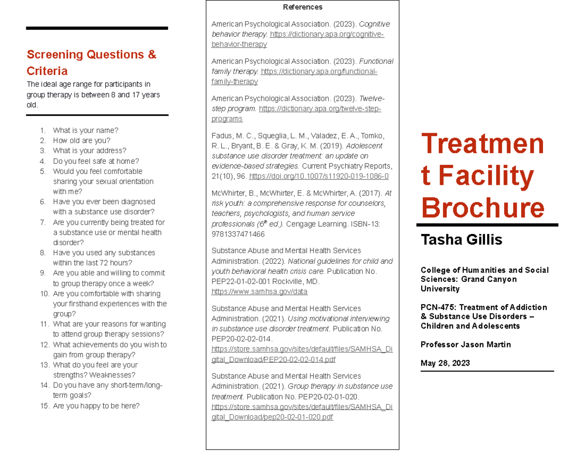 PCN 475 Week 4 Brochure - Screening Questions & Criteria The ideal age ...