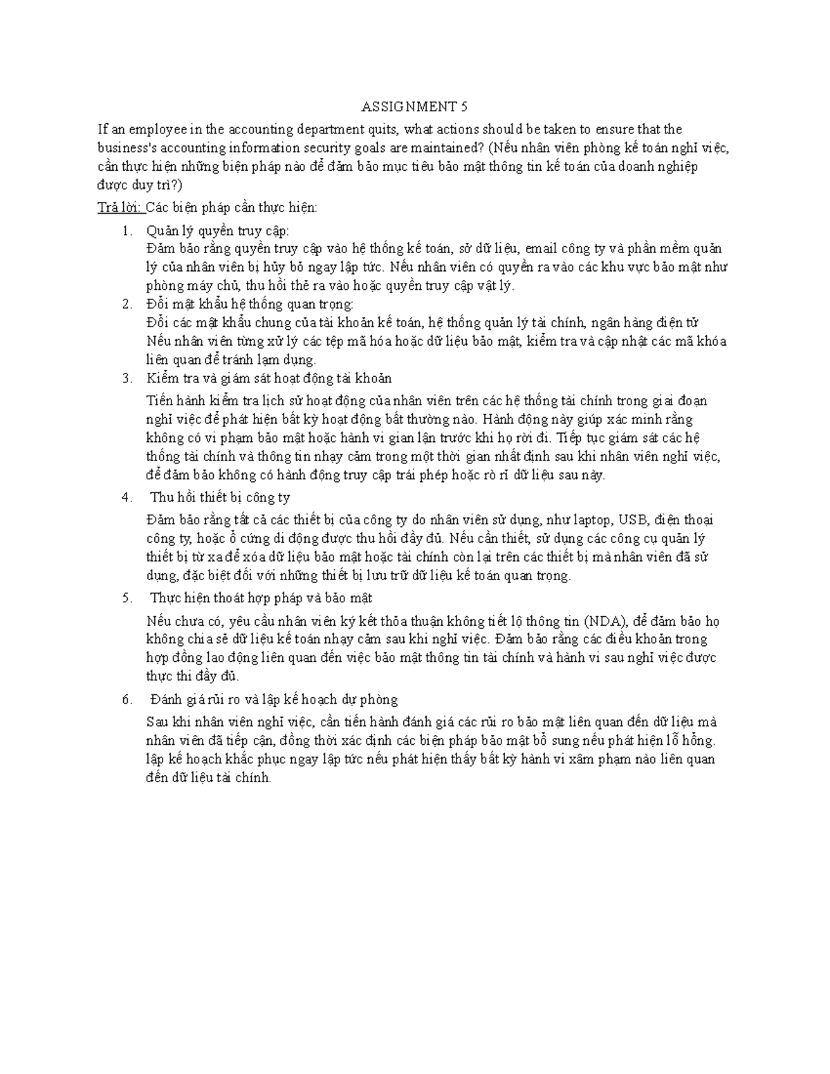 Assignment 5 - BÀI TẬP VỀ NHÀ - ASSIGNMENT 5 If an employee in the accounting department quits ...