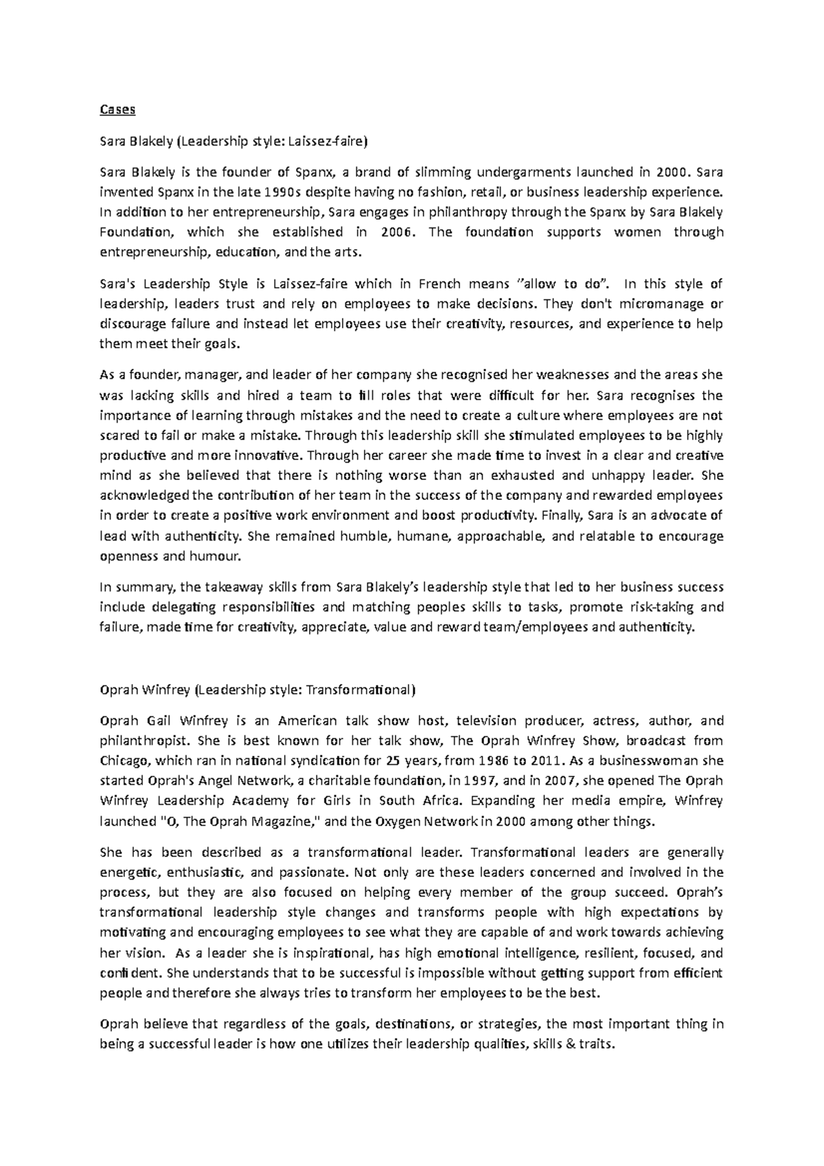 Individual Activity 1 - Leadership styles and examples - Cases Sara ...