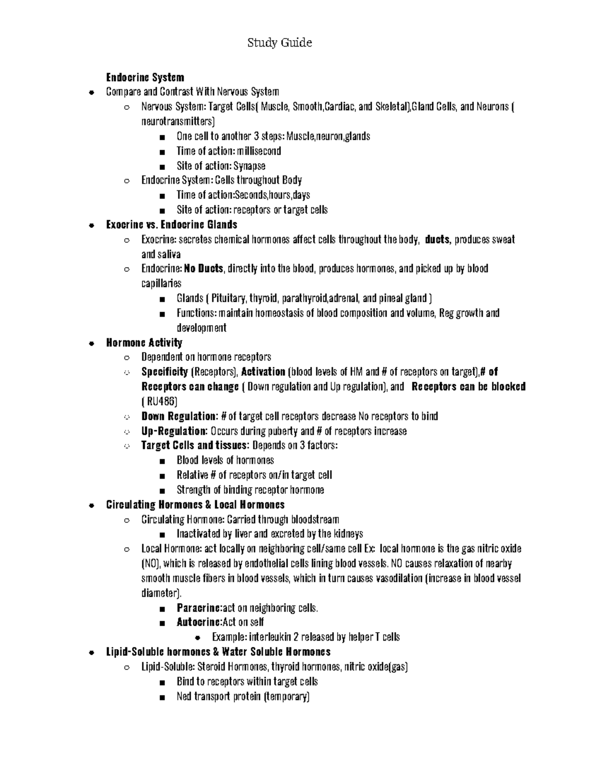 Endocrine System Study Guide - Endocrine System Compare and Contrast ...