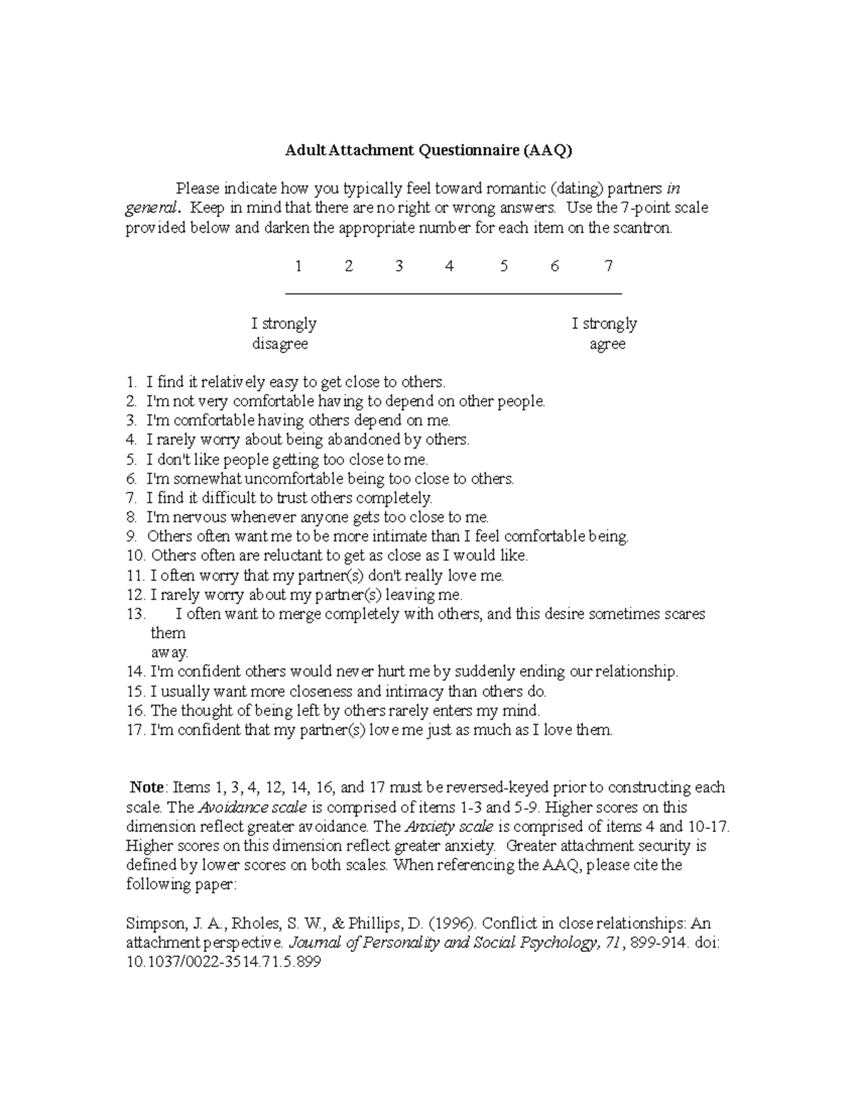 Attachment questionnaire psychology - Adult Attachment Questionnaire ...