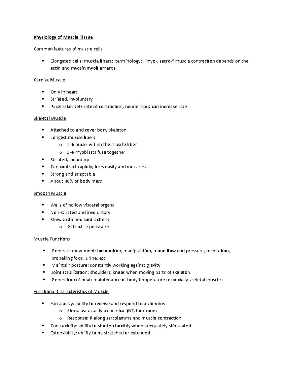 Lecture notes - physiology of muscle tissue - Physiology of Muscle ...