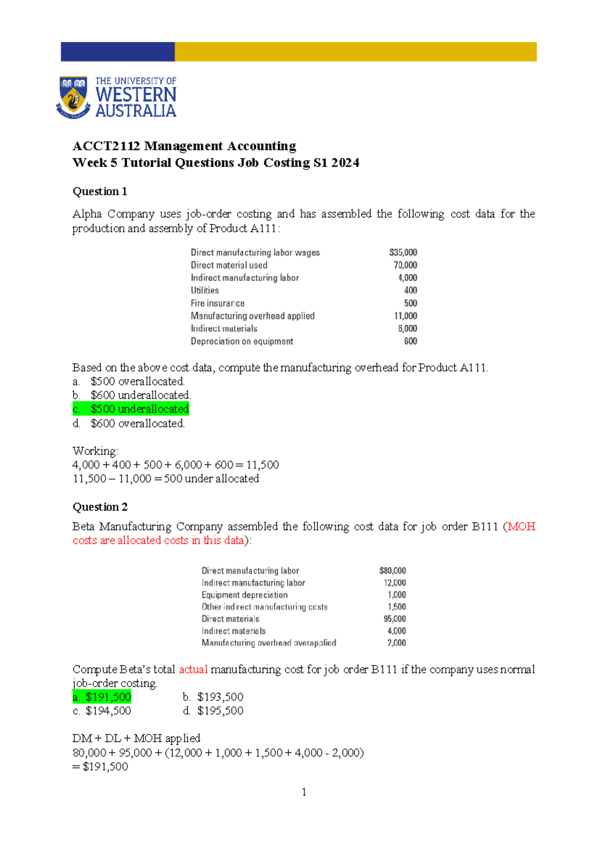 Week 5 Tute Qns - ACCT2112 Management Accounting Week 5 Tutorial ...