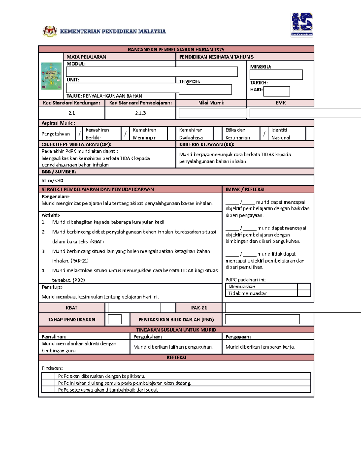 PK THN 5 TS25 (11) - notes - RANCANGAN PEMBELAJARAN HARIAN TS MATA ...