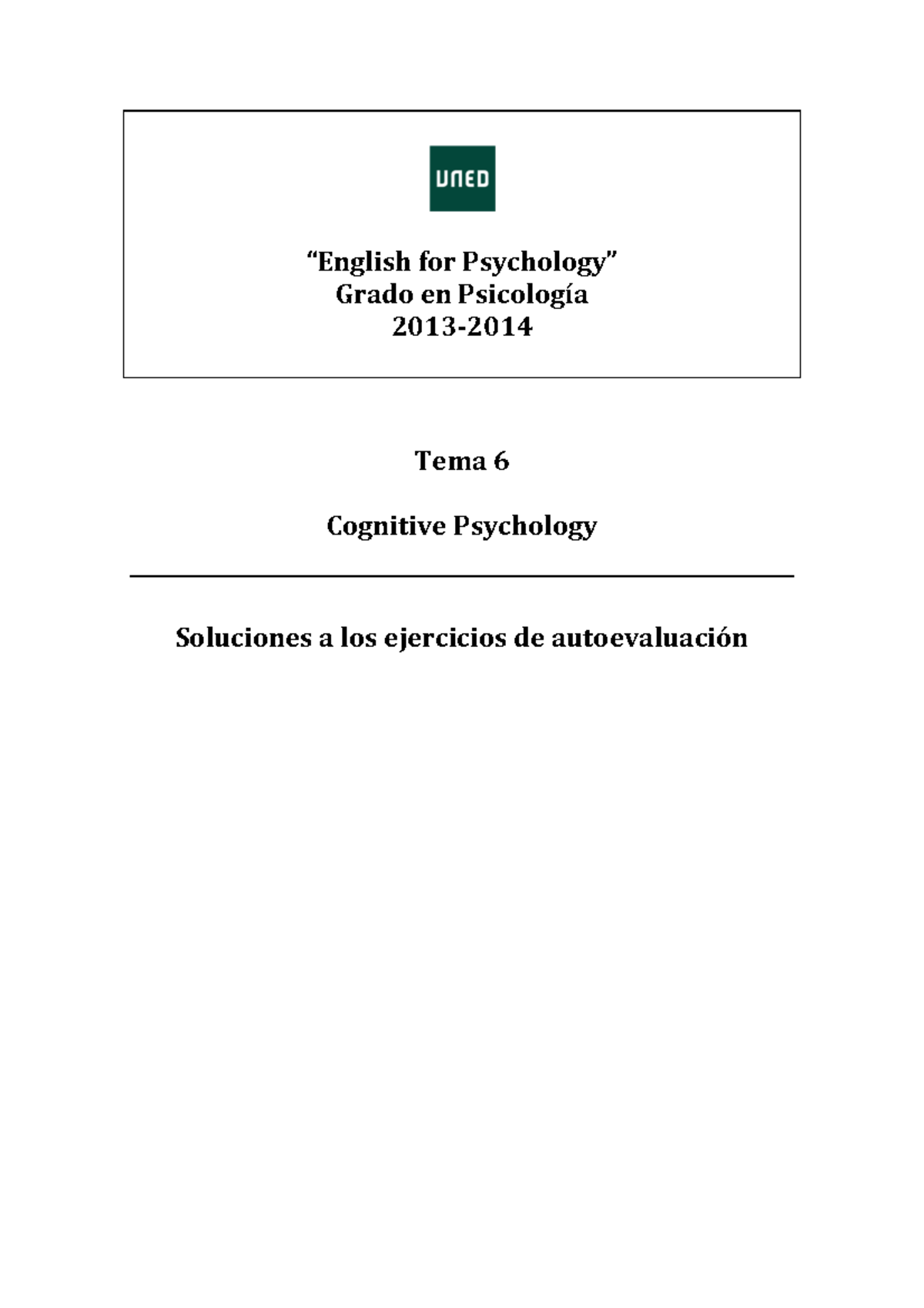 English for Psychology Cognitive Psychology Unit 6, questions and ...