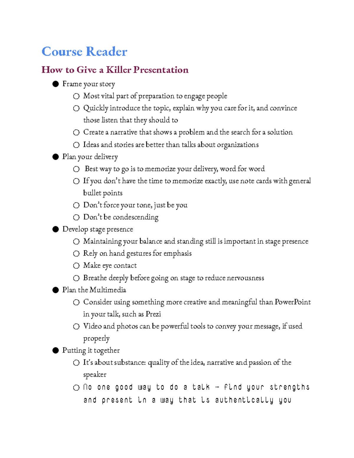 MGT 121A Reading Notes Week 1 - Course Reader How to Give a Killer ...