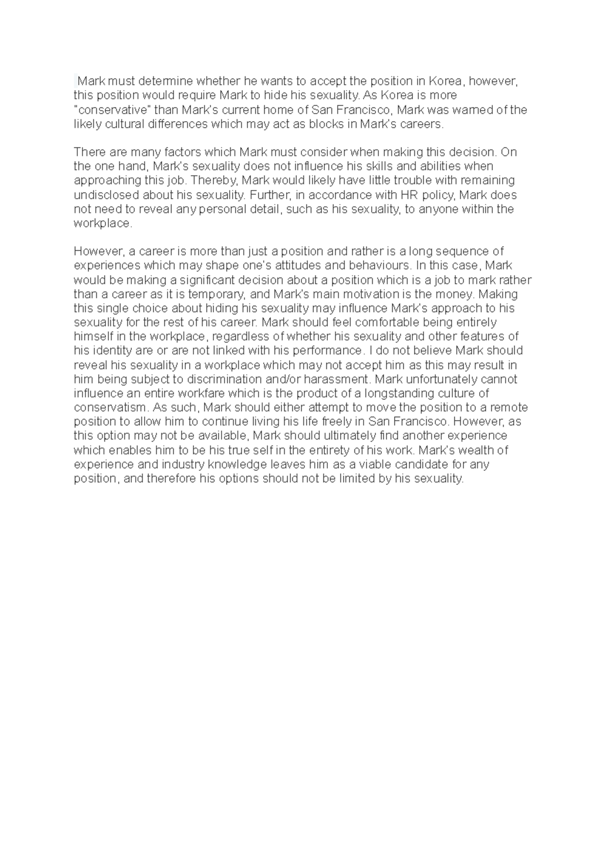 Promotion Case Reflection - Mark must determine whether he wants to accept the position in Korea ...