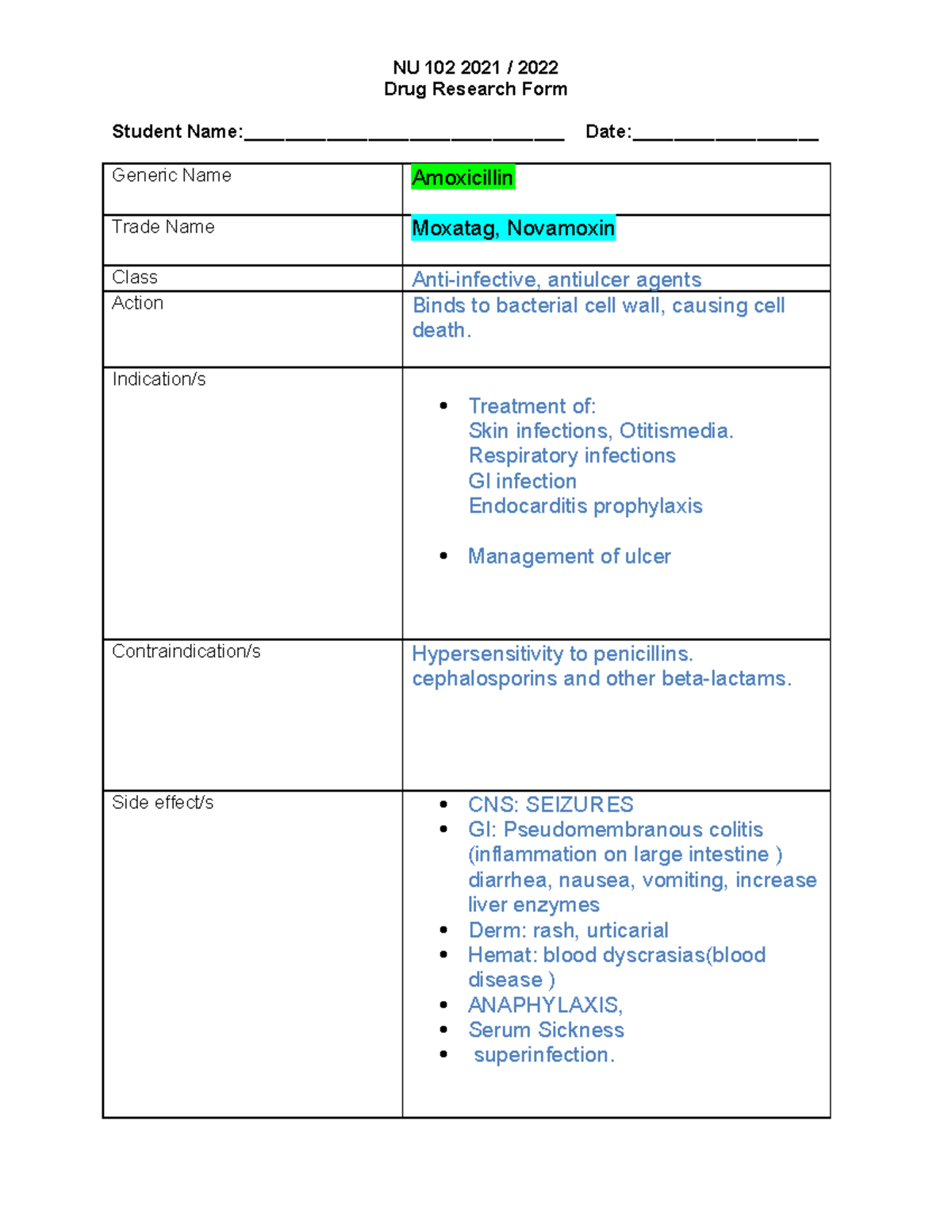 Drug Research Form - Drug Research Form Student Name ...