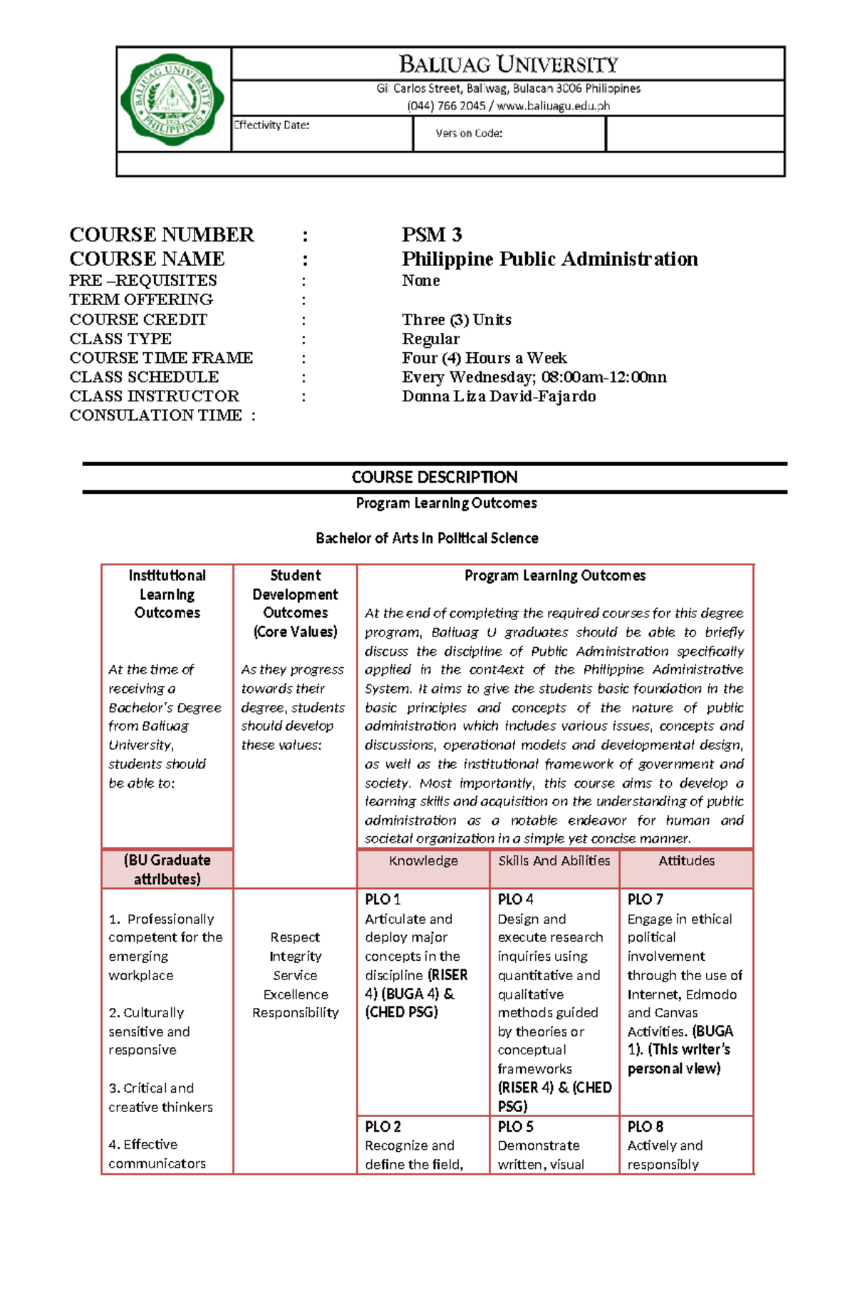 PSM3 (syllabus-Phil Public Admin) - COURSE NUMBER : PSM 3 COURSE NAME ...
