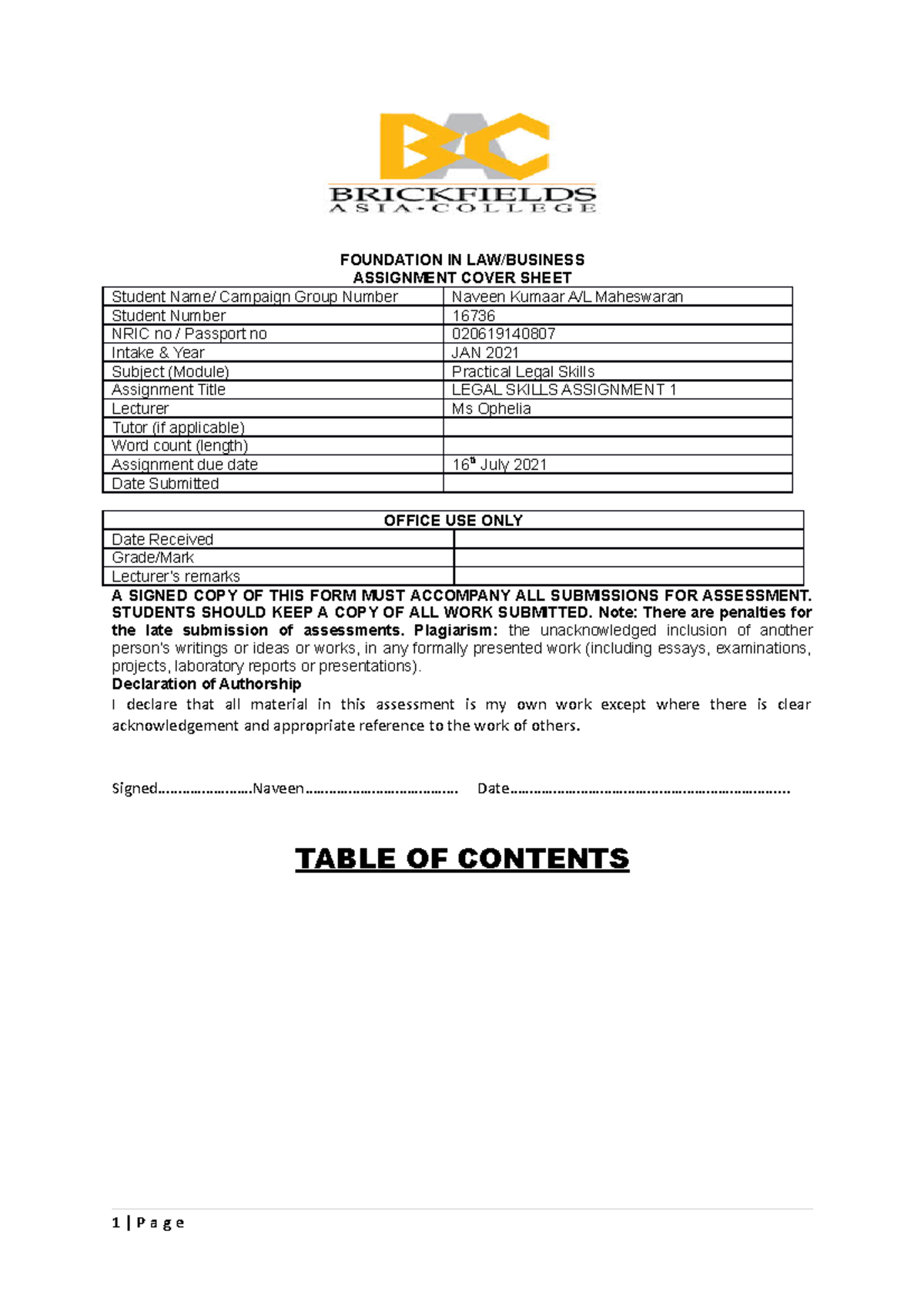 Legal Skills Assignment 1 - FOUNDATION IN LAW/BUSINESSASSIGNMENT COVER ...