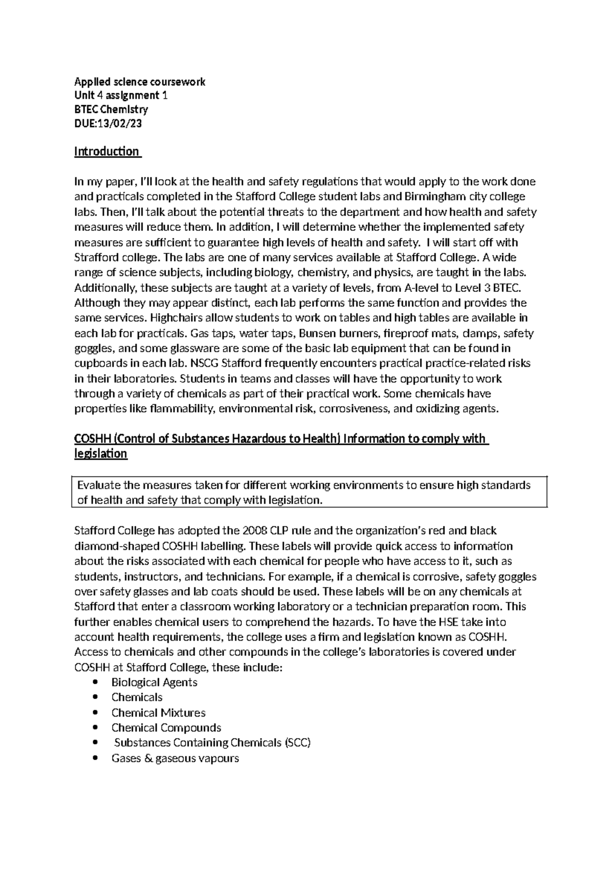 Unit 4 organic chemistry AIM A - Applied science coursework Unit 4 assignment 1 BTEC Chemistry ...