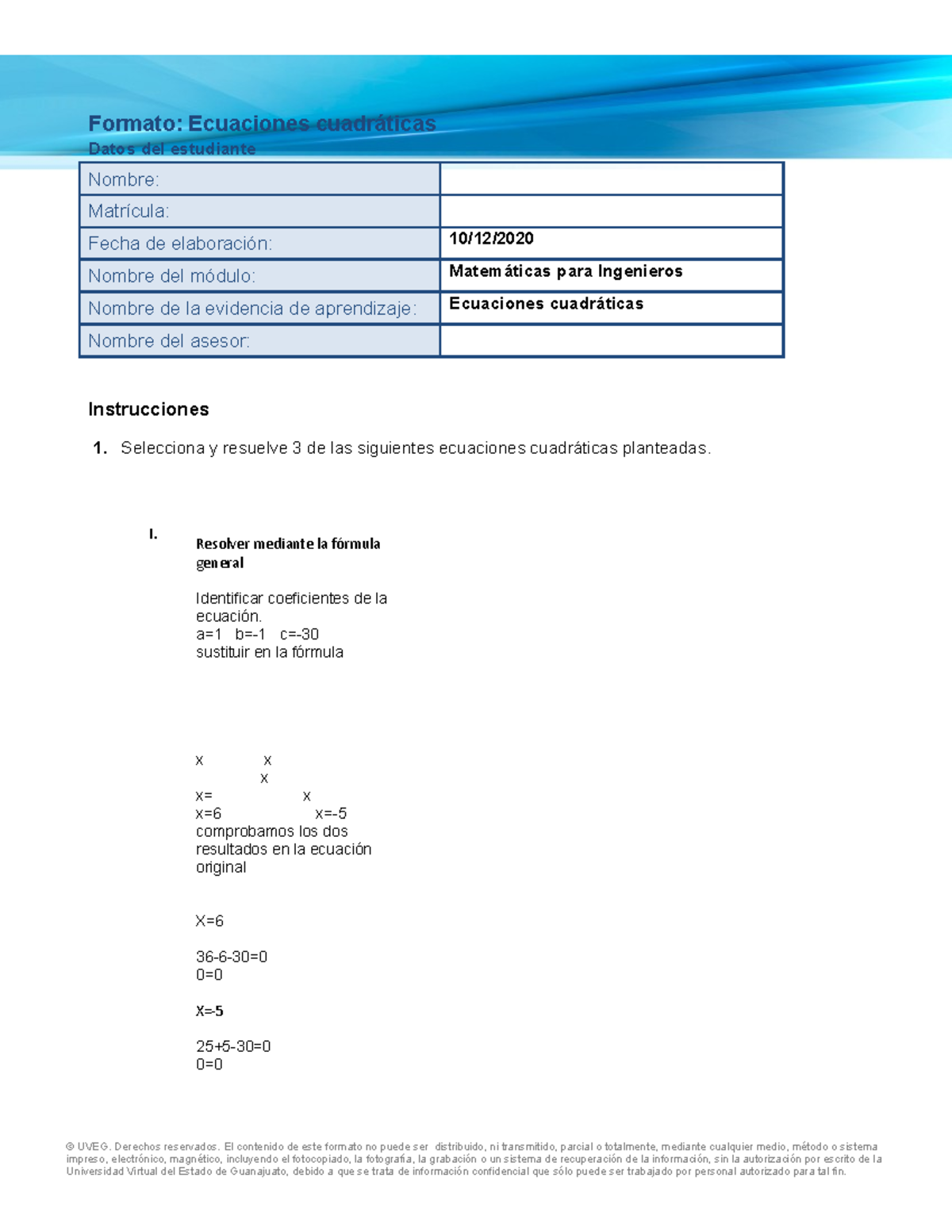 Ecuacionescuadraticas ejercicios modulo 1 - Calculo Diferencial - UVEG - Studocu