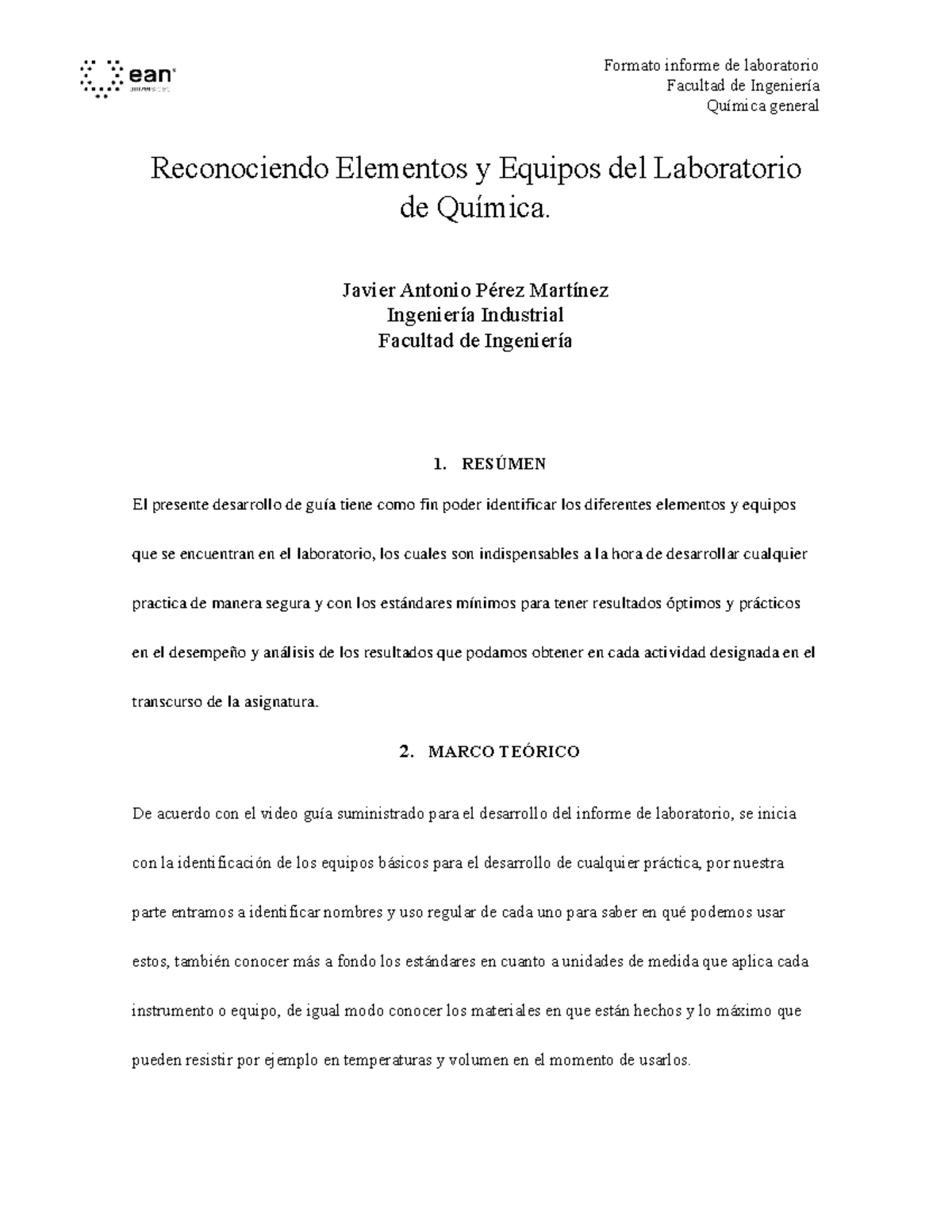 Actividad 1 Formato gu”a para Informes de Laboratorio - Facultad de Ingeniería Química general ...