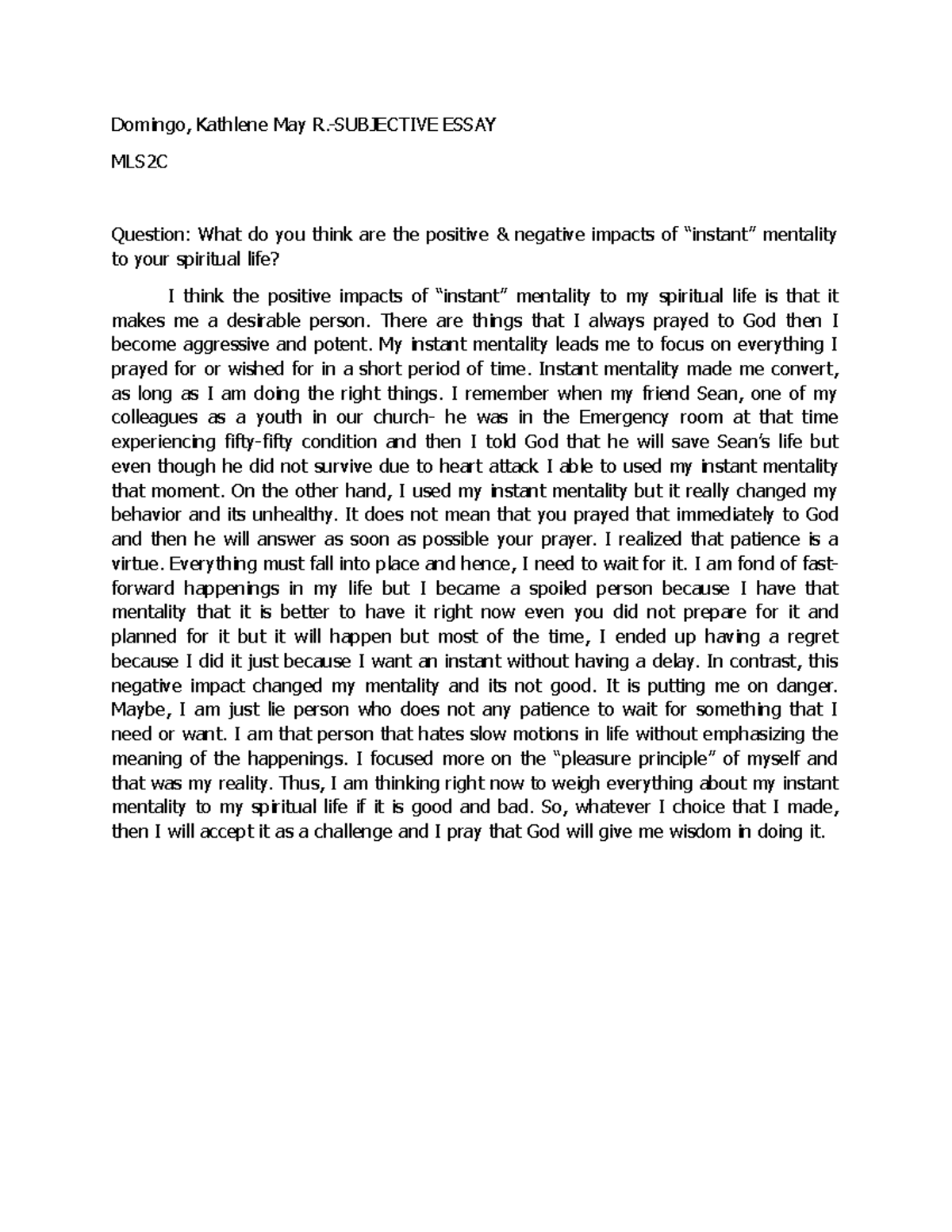 Domingo Subjective Essay - Domingo, Kathlene May R.-SUBJECTIVE ESSAY ...