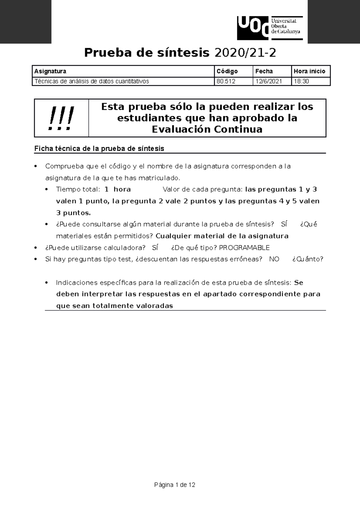 Examen Final De Técnicas Cuantitativas Asignatura Código Fecha Hora