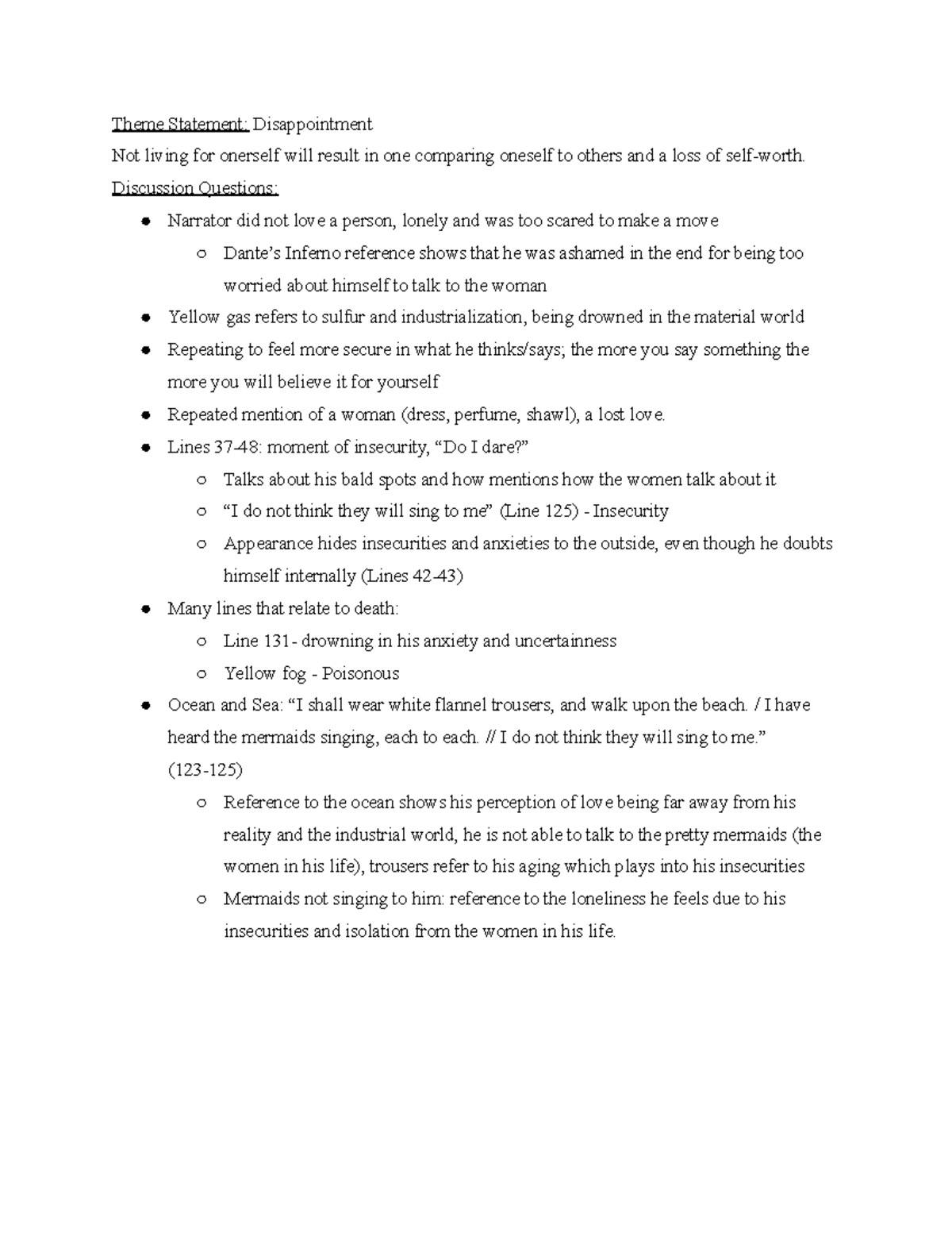 The love song discussion - Theme Statement: Disappointment Not living ...