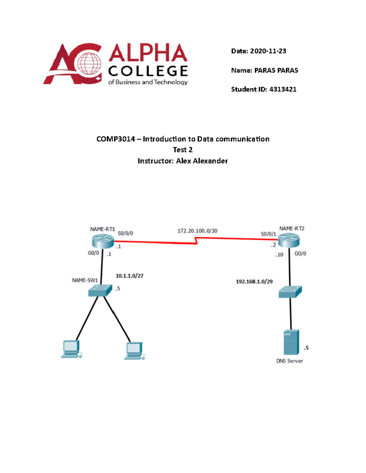 Test 2 - COMP3014 – Introduction to Data communication Test 2 ...