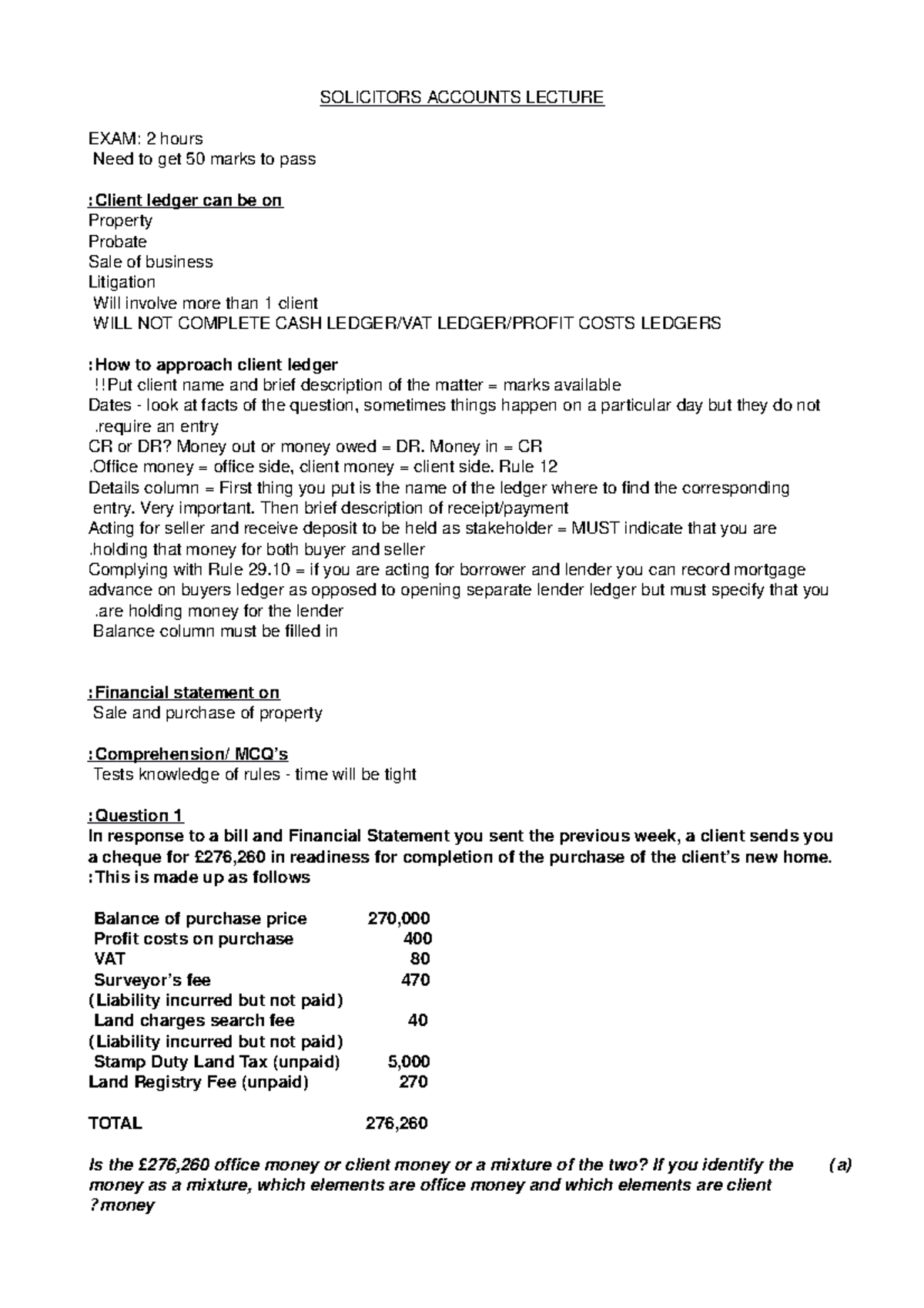 Solicitors Accounts Lecture - SOLICITORS ACCOUNTS LECTURE EXAM: 2 hours ...