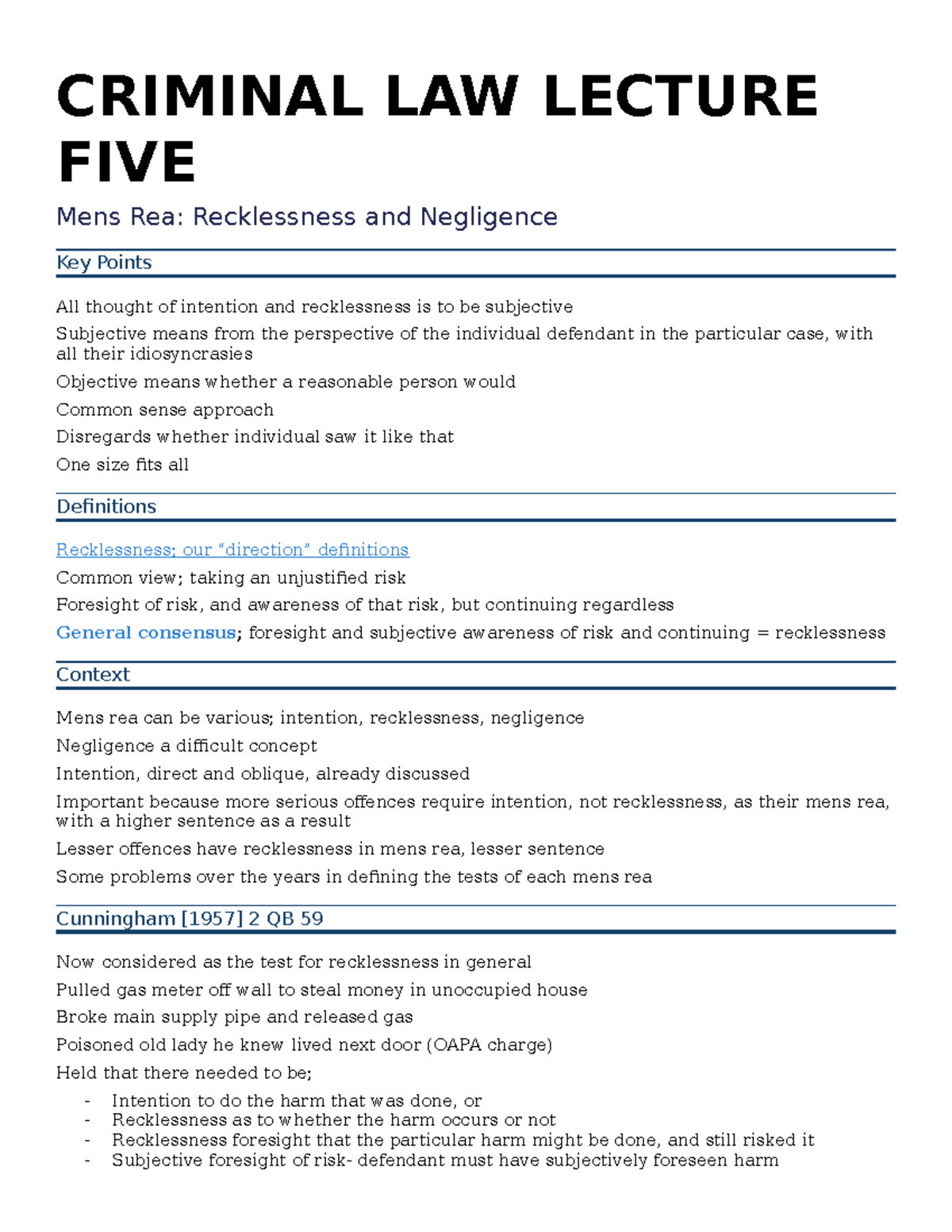 Criminal Law Lecture Five - CRIMINAL LAW LECTURE FIVE Mens Rea: Recklessness and Negligence Key ...