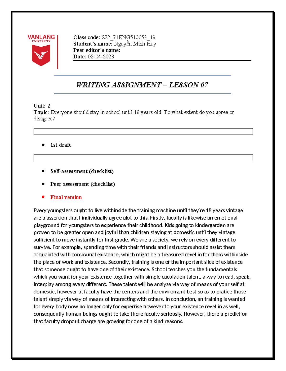 Writing assignment - Class code: 222_71ENG510053_ Student’s name ...