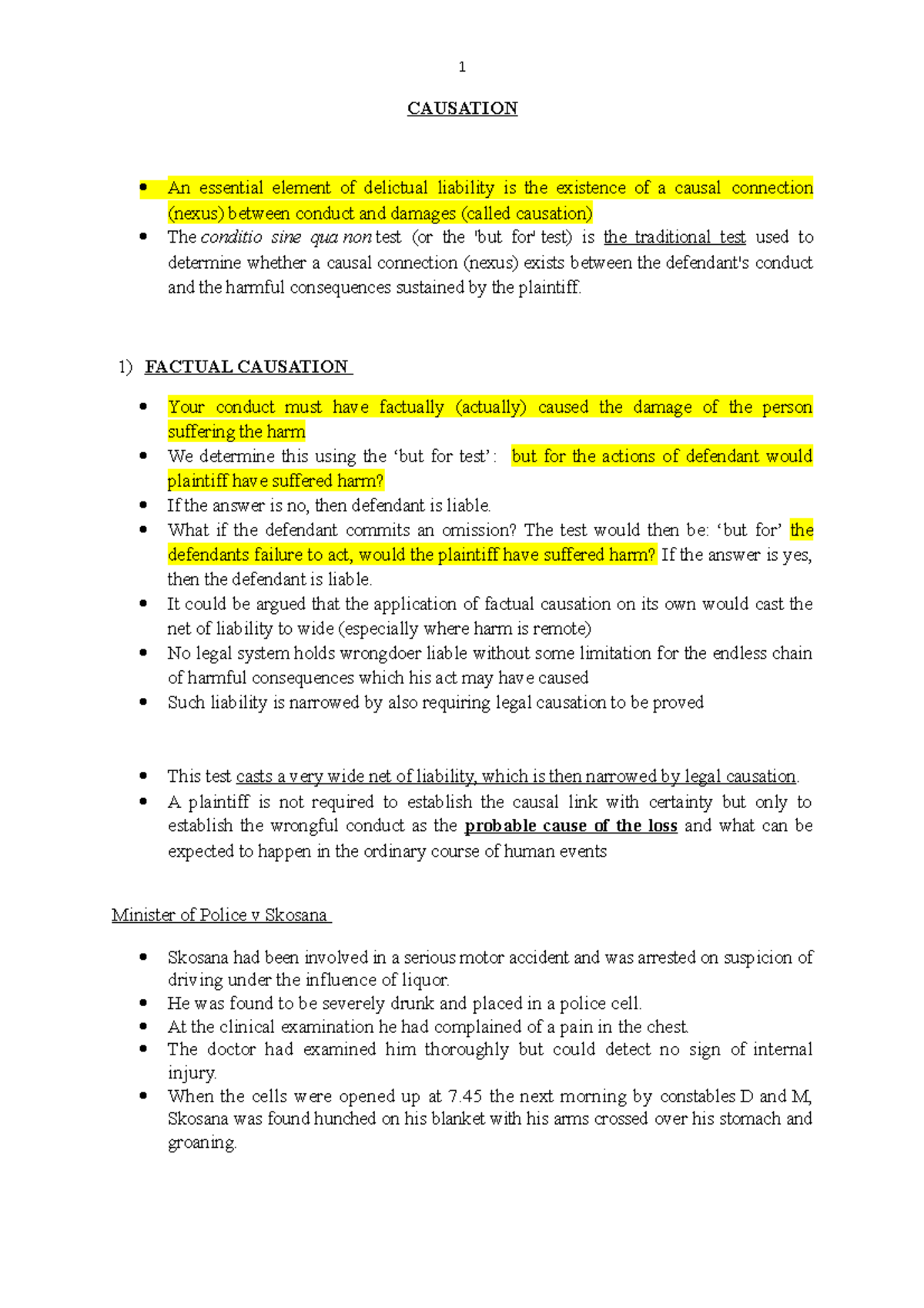Causation (1) refers to the law of delicts - CAUSATION An essential ...