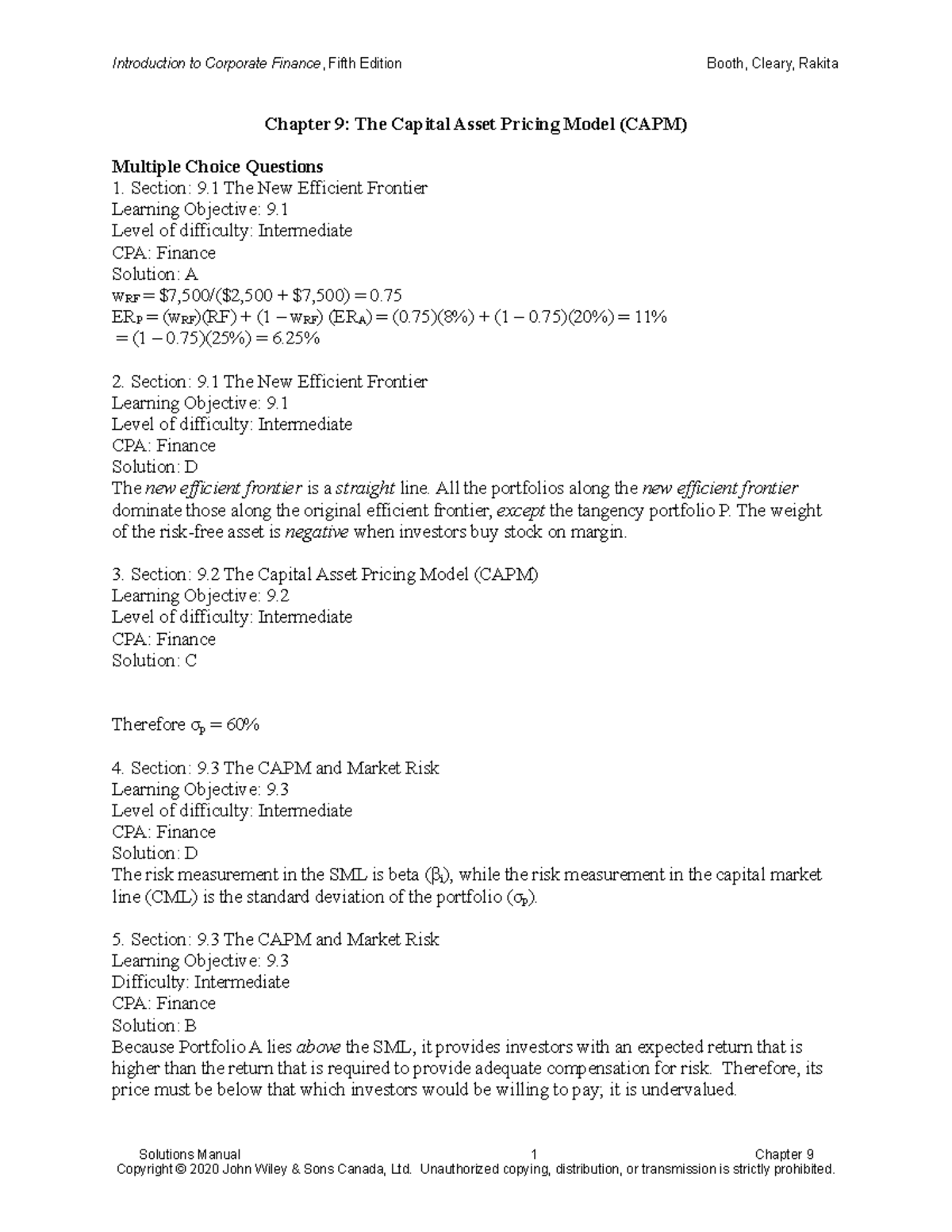 Book end chapter 9 - Chapter 9: The Capital Asset Pricing Model (CAPM ...