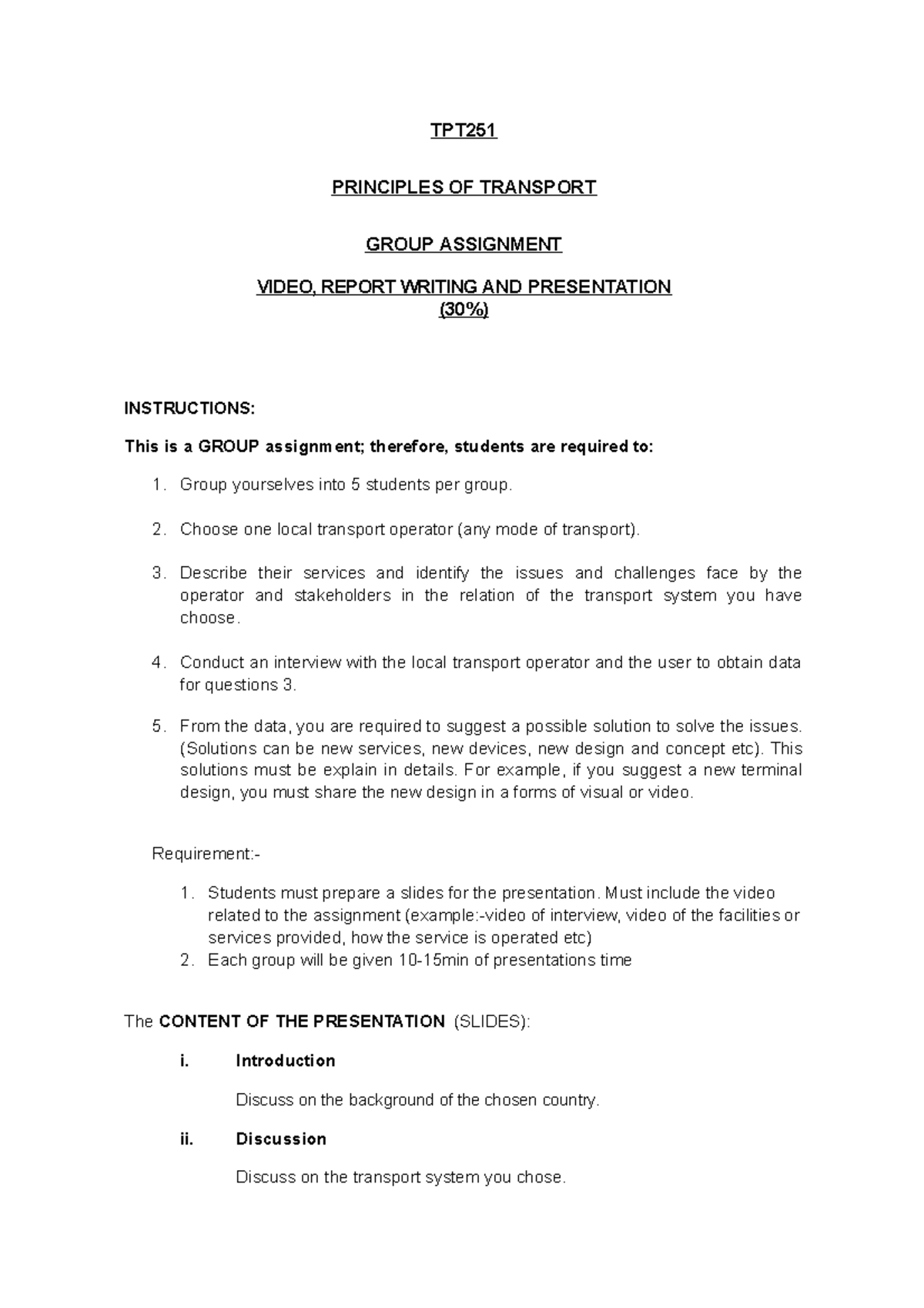 TPT251 Group Assignment Instructions - TPT PRINCIPLES OF TRANSPORT ...