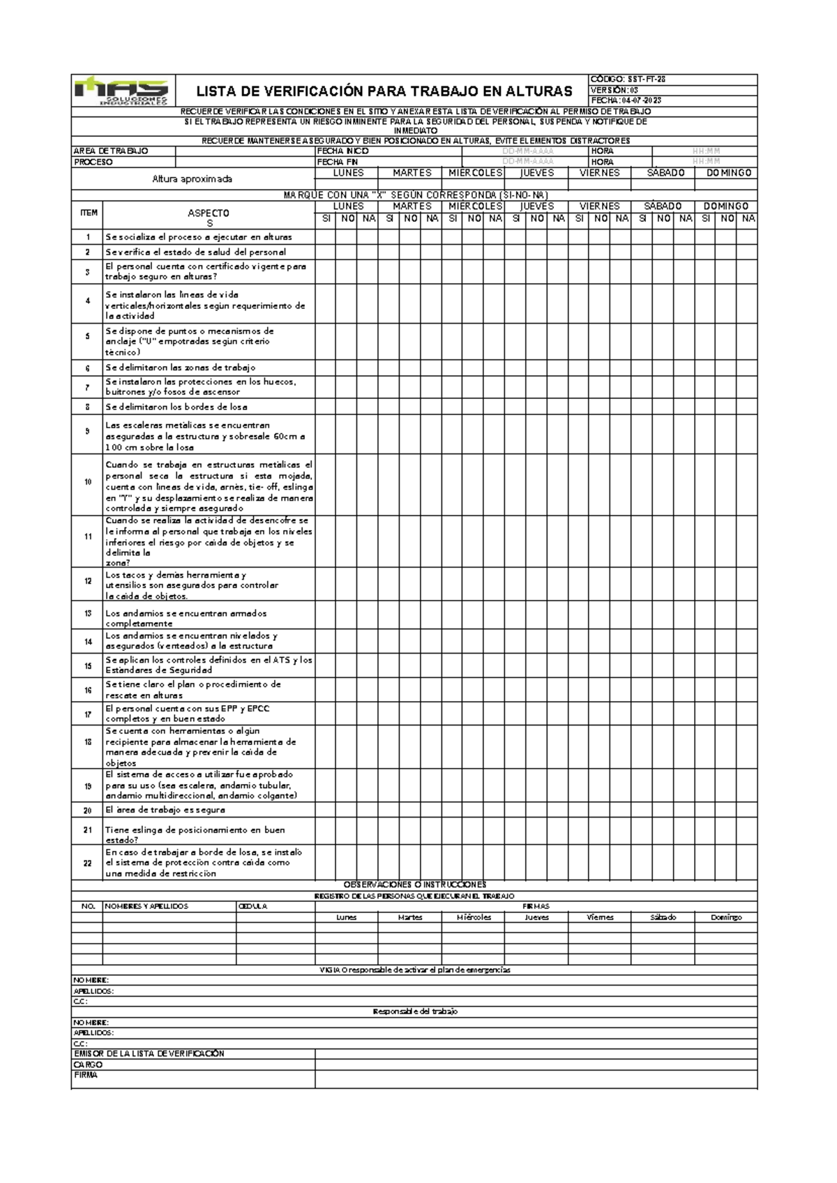 Lista DE Chequeo Alturas - LISTA DE VERIFICACIÓN PARA TRABAJO EN ...