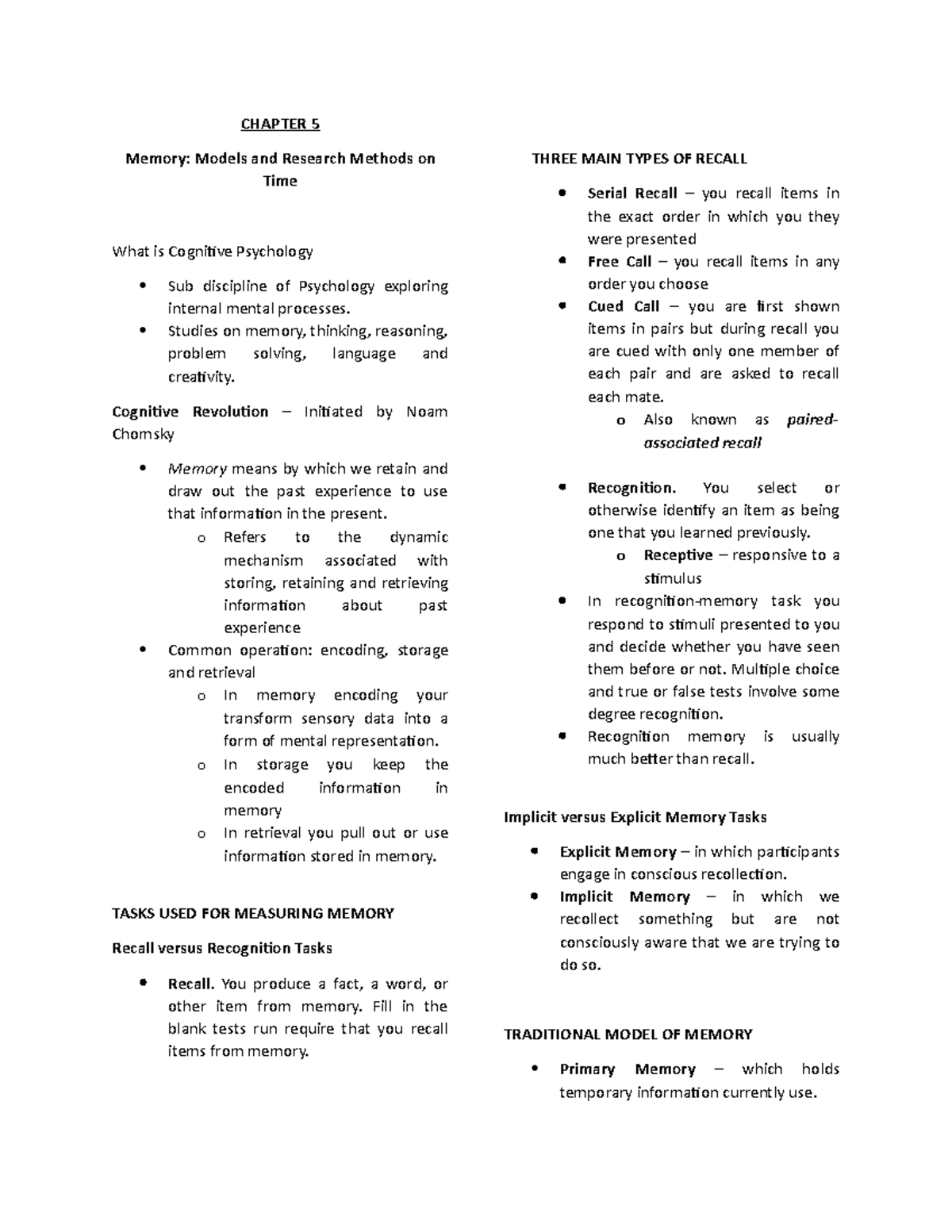 Cogpsych Chapter 5 (reviewer) - CHAPTER 5 Memory: Models and Research Methods on Time What is ...