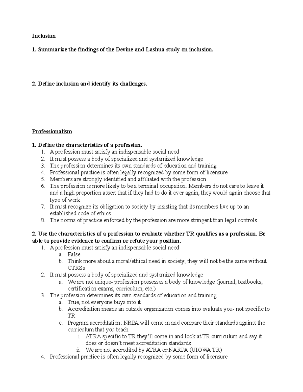 Professionalism - Lecture notes - Inclusion 1. Summarize the findings ...